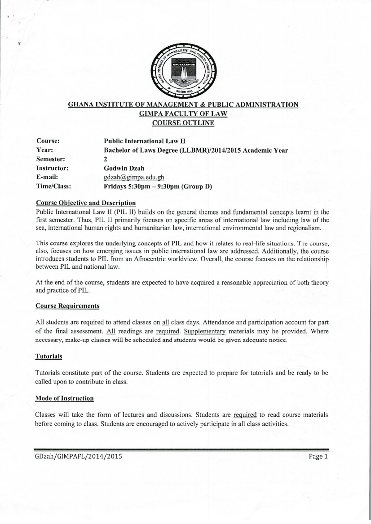 Gimpa faulty of Law course outline - GHANA INSTITUTE OF MANAGEMENT ...
