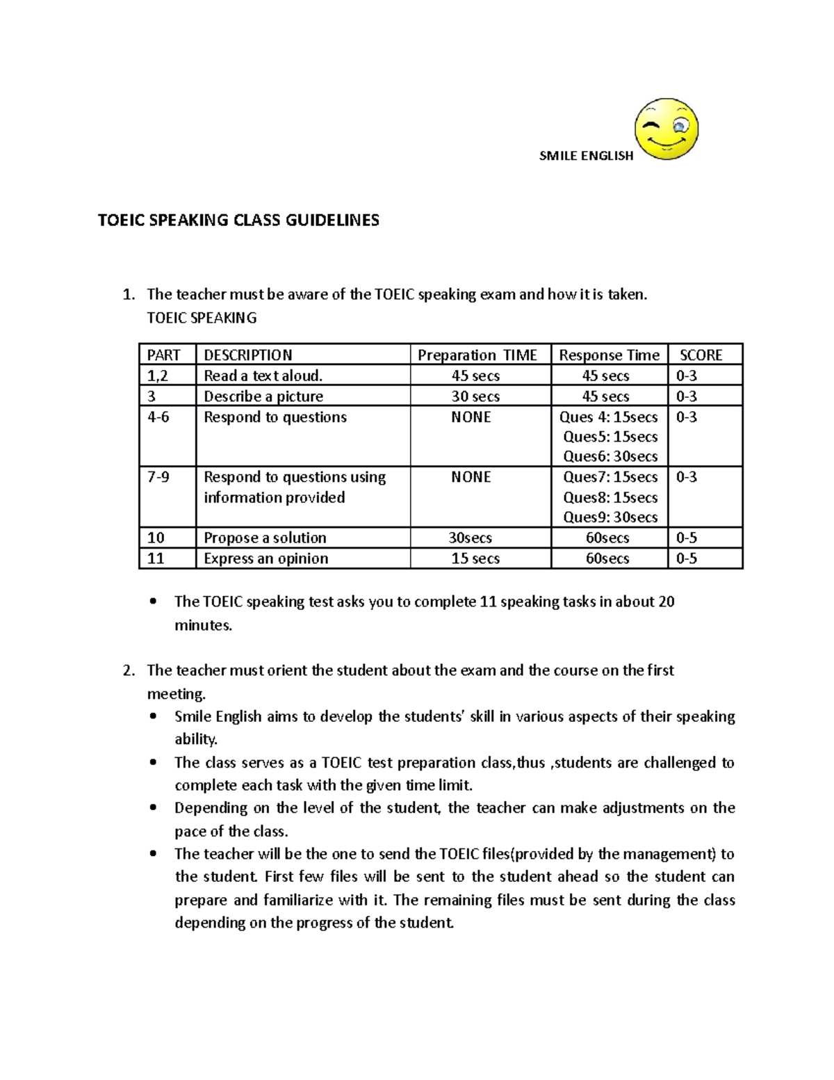 Toeic Speaking Class Guidelines - SMILE ENGLISH TOEIC SPEAKING CLASS ...