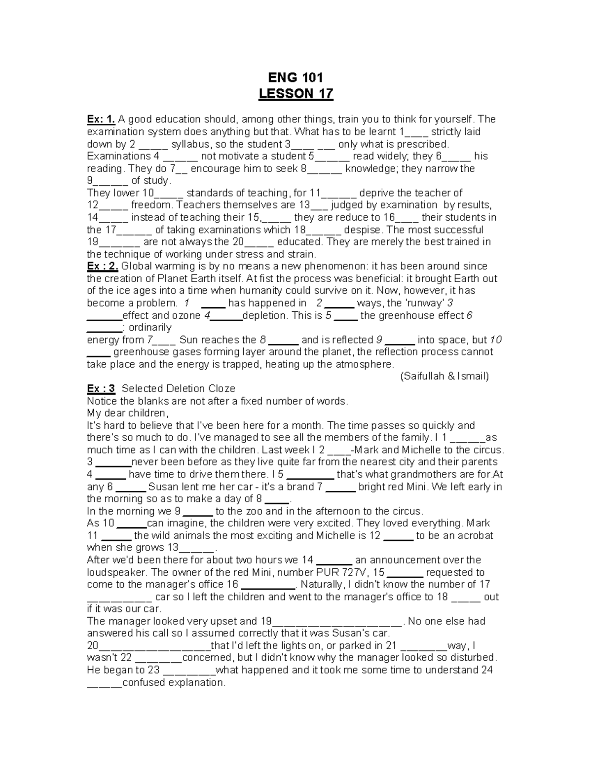Lesson 17 english - ENG 101 LESSON 17 Ex: 1. A good education should ...