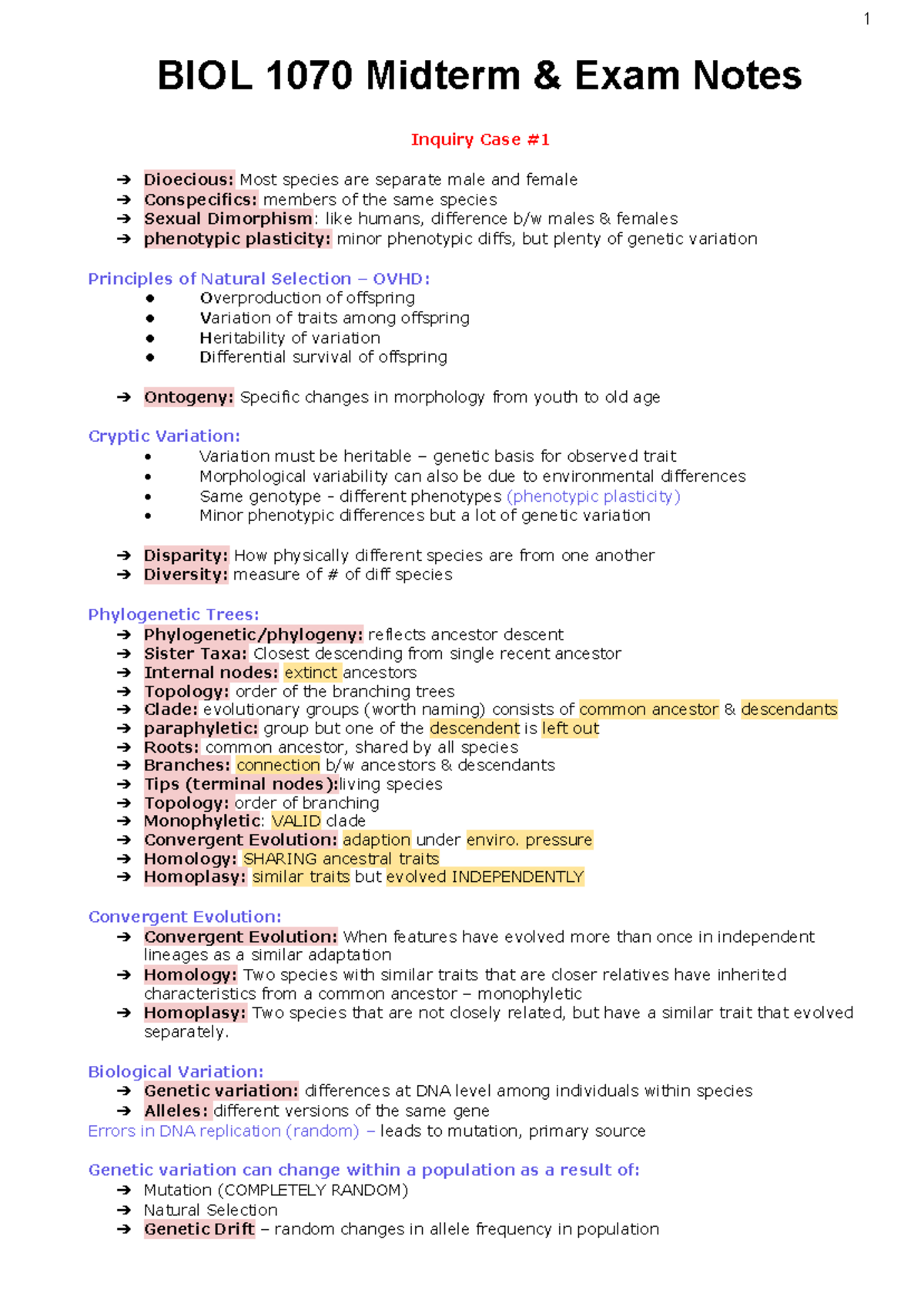 BIOL 1070 Midterm Exam Notes - BIOL 1070 Midterm & Exam Notes Inquiry ...