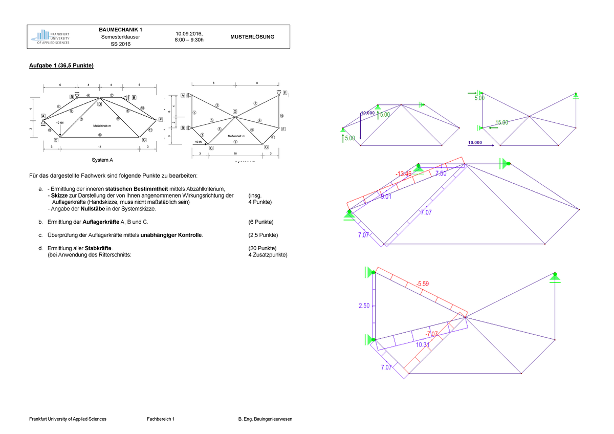 Klausur Sommersemester 2016, Fragen und Antworten - BAUMECHANIK 1 Semesterklausur SS 2016 10.09 ...