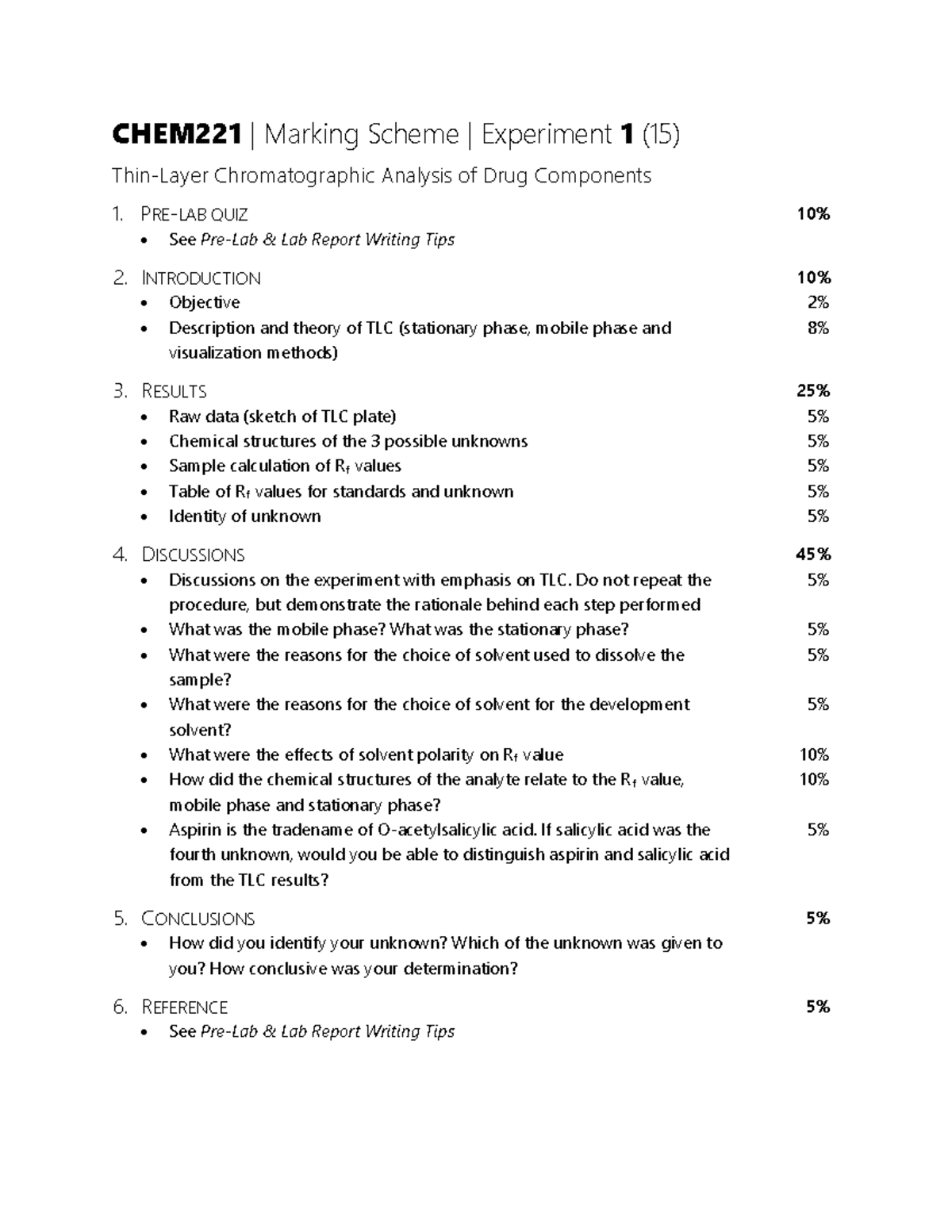 CHEM221 Marking scheme - CHEM221 | Marking Scheme | Experiment 1 (15) Thin-Layer Chromatographic ...