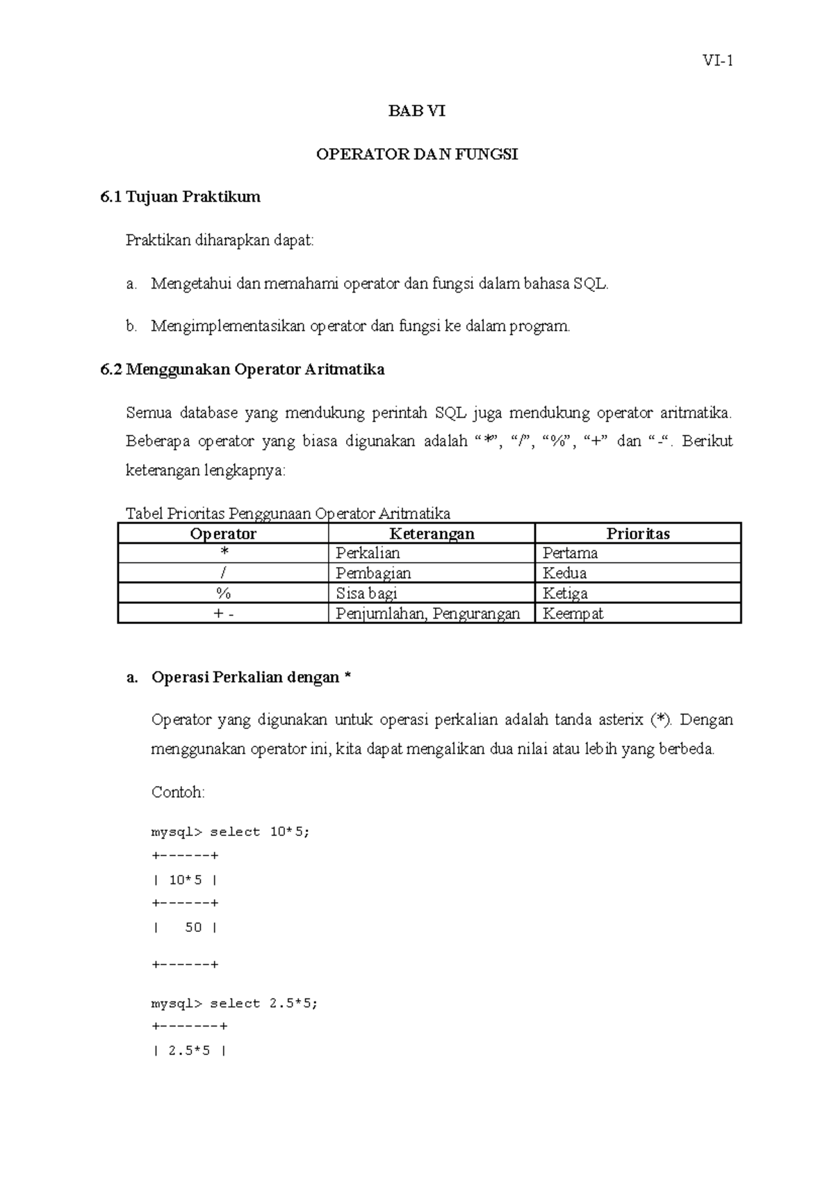 OPERATOR DAN FUNGSI - BAB VI OPERATOR DAN FUNGSI 6 Tujuan Praktikum ...