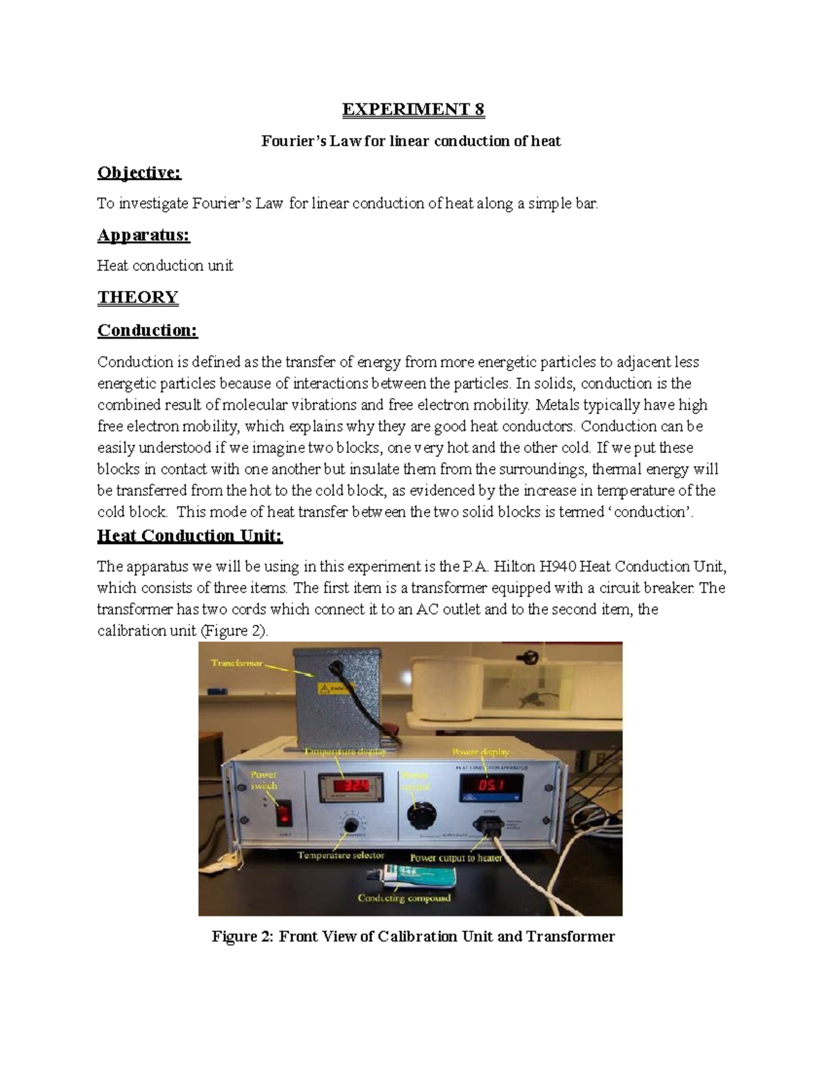 Fourier’s Law for linear conduction of heat - Apparatus: Heat ...