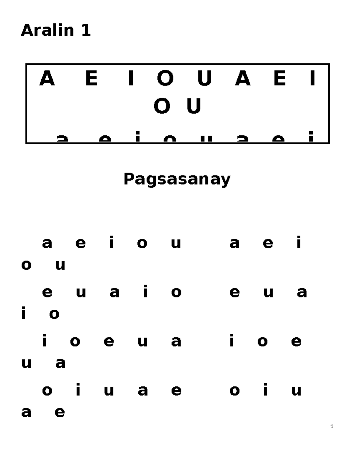 Magsanay Bumasa - read to learn - Aralin 1 Pagsasanay a e i o u a e i o ...