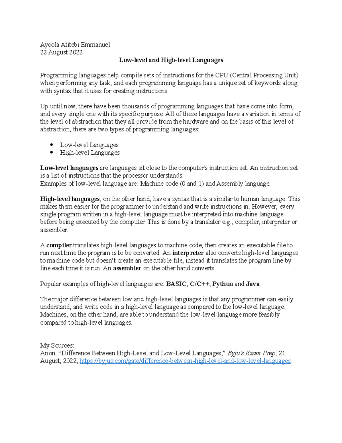 Low-level and High-level Languages - Ayoola Atitebi Emmanuel 22 August ...