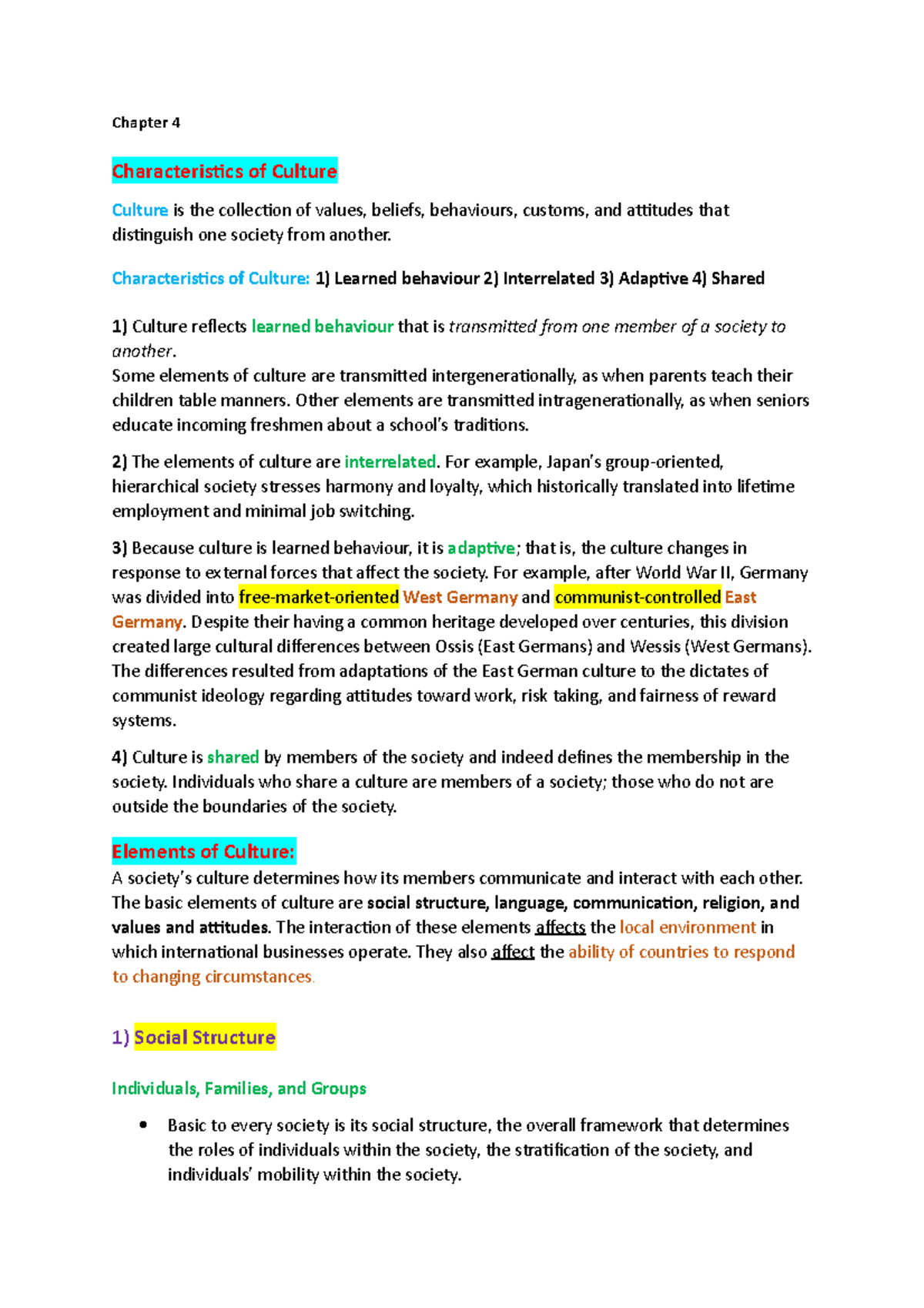 Chapter 4 Summay - Chapter 4 Characteristics of Culture Culture is the ...