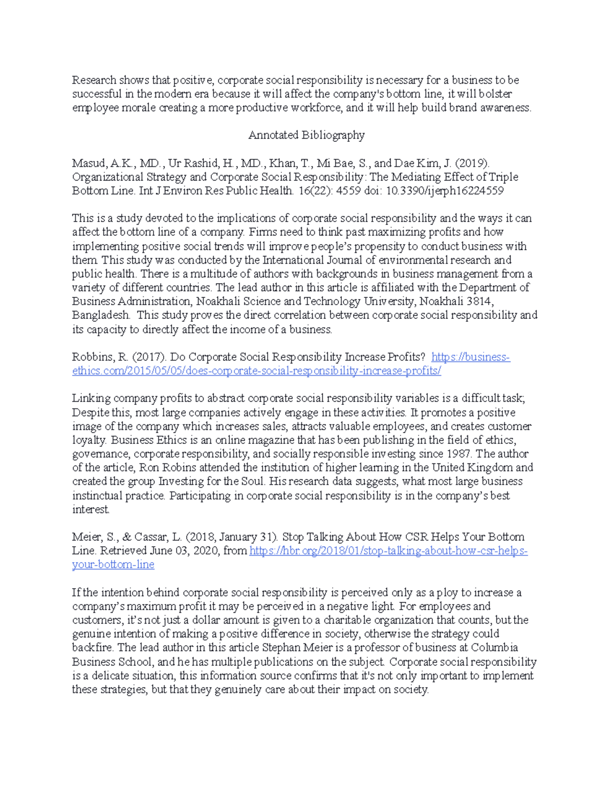 Annotated bibliography - Research shows that positive, corporate social ...