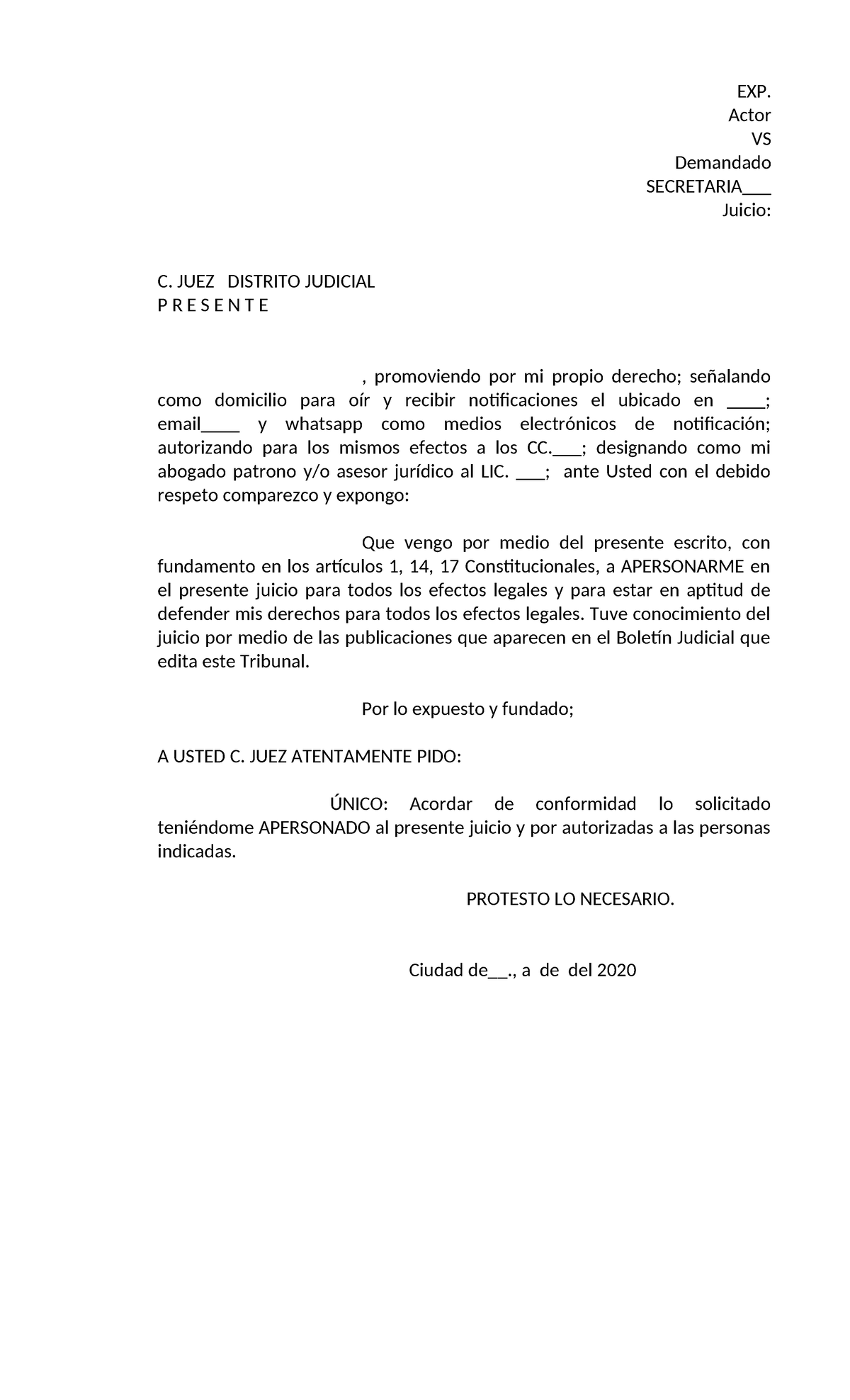 Escrito PARA Apersonarse A Juicio - EXP. Actor VS Demandado SECRETARIA ...