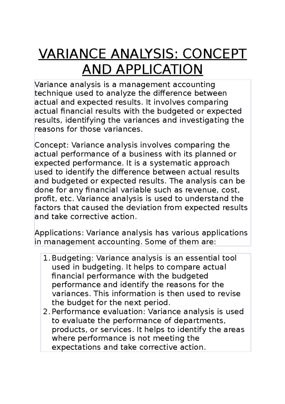 Variance Analysis - VARIANCE ANALYSIS: CONCEPT AND APPLICATION Variance ...