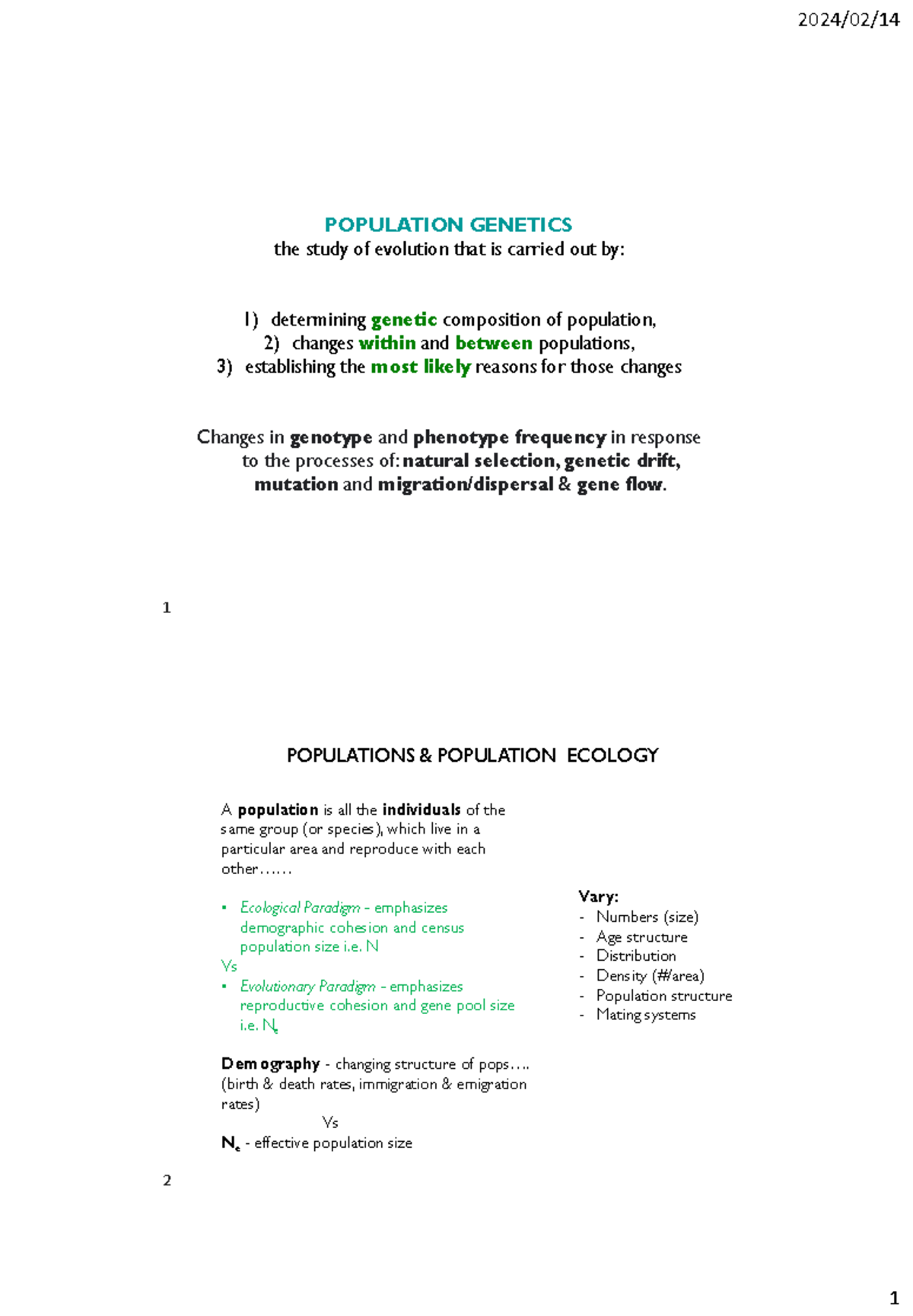 BIO2014 F Pop Gen I 2024 - POPULATION GENETICS the study of evolution ...