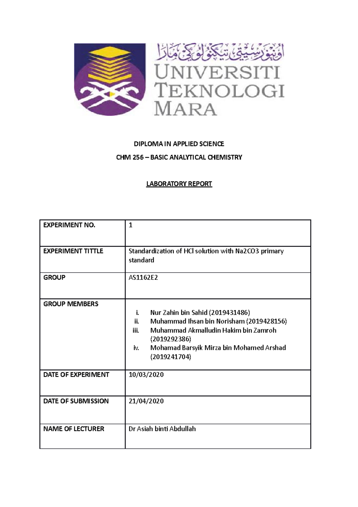 LAB Report CHM256 EXP 1 - DIPLOMA IN APPLIED SCIENCE CHM 256 – BASIC ...