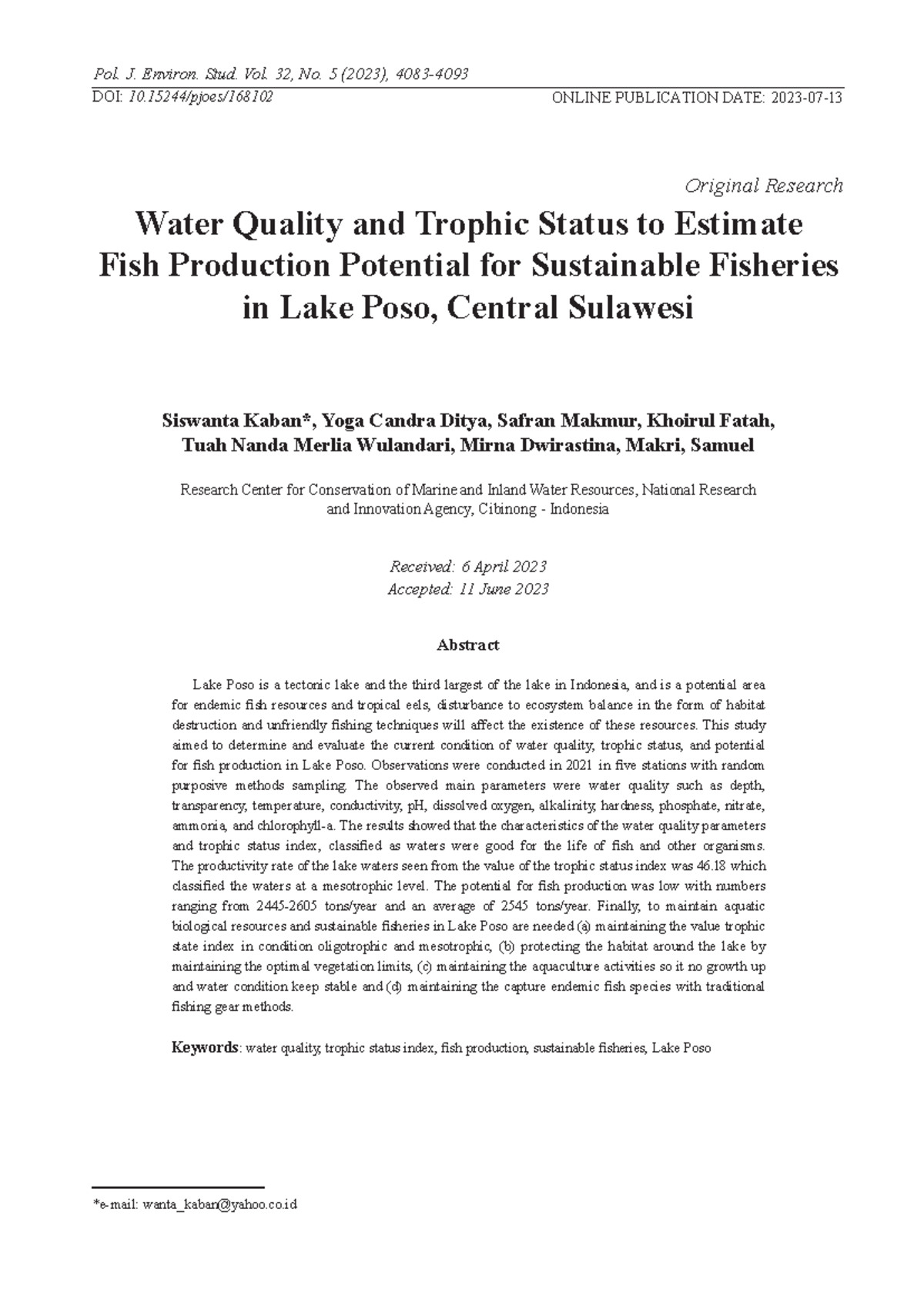 Water Qualityand Trophic - Pol. J. Environ. Stud. Vol. 32, No. 5 (2023), 4083- Original Research ...