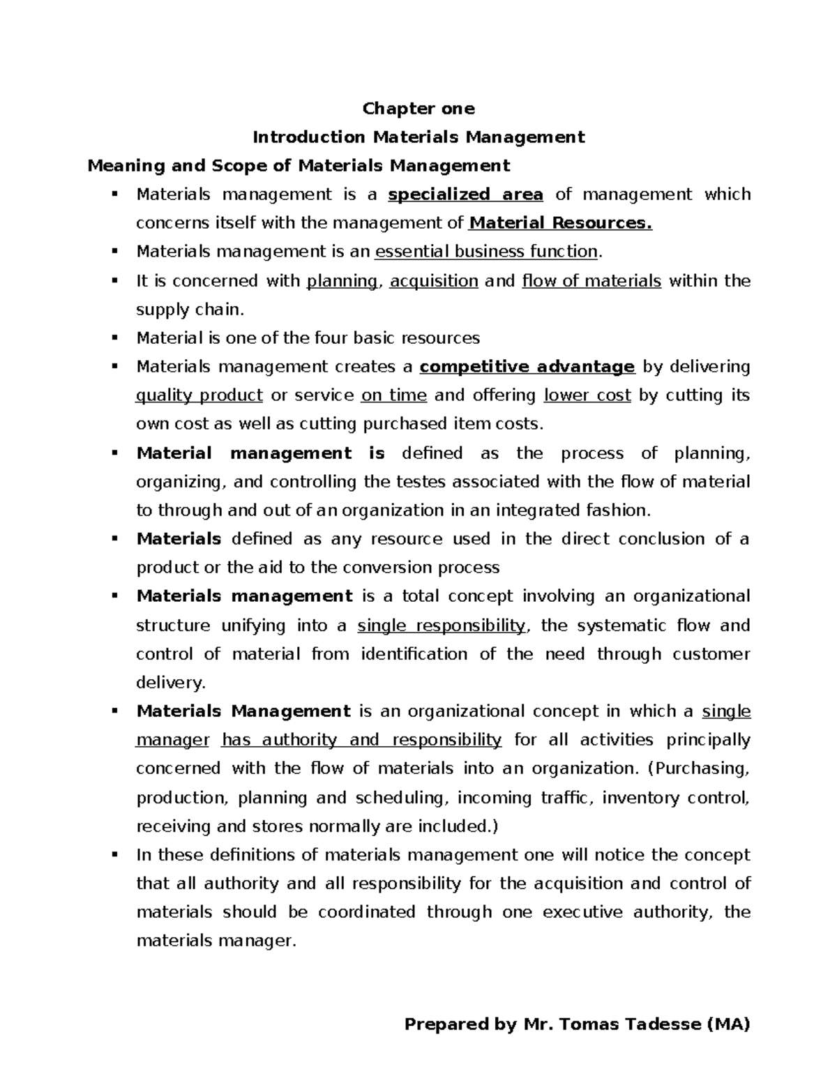 Chapter one Material MGT - Chapter one Introduction Materials ...