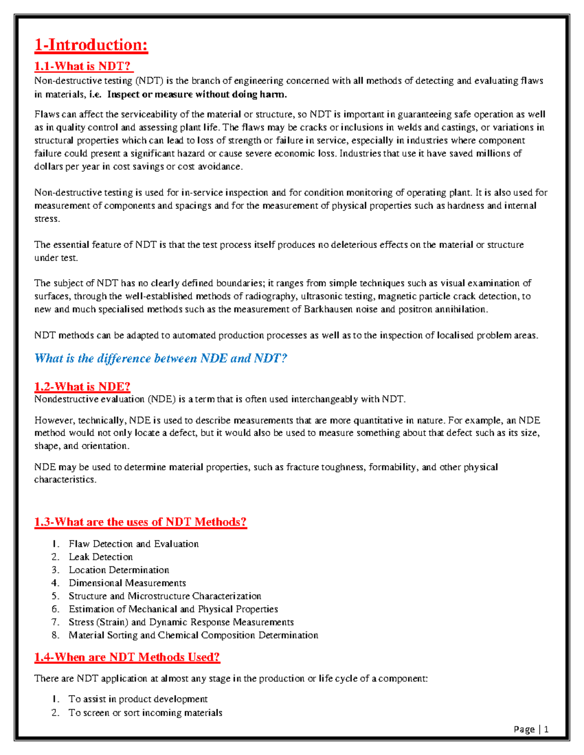 Introduction ndt - Page | 1 1-Introduction: 1-What is NDT? Non ...