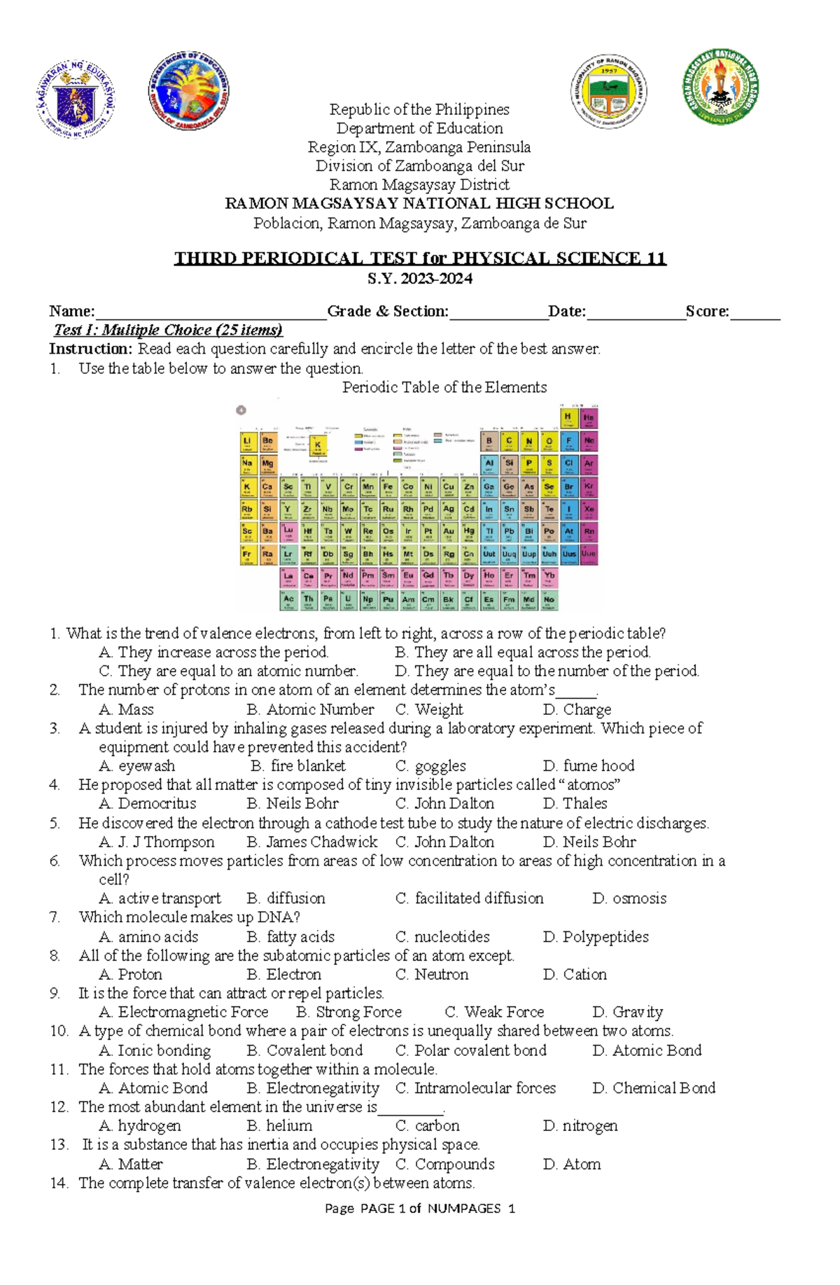 415362362 monthly TEST Physical Science Grade 11 docx - Republic of the ...