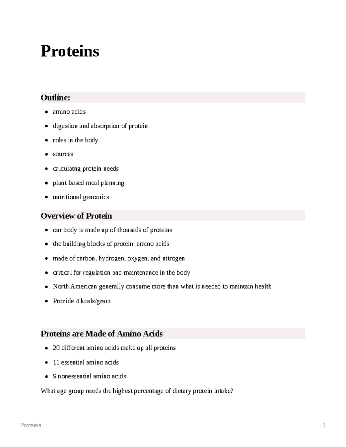 Proteins - Proteins Outline: amino acids digestion and absorption of ...