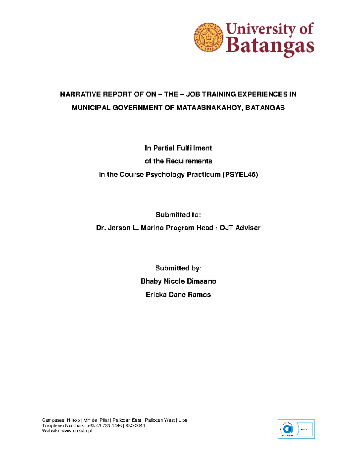 OJT Narrative Report Dimaano and Ramos - Campuses: Hilltop | MH del ...