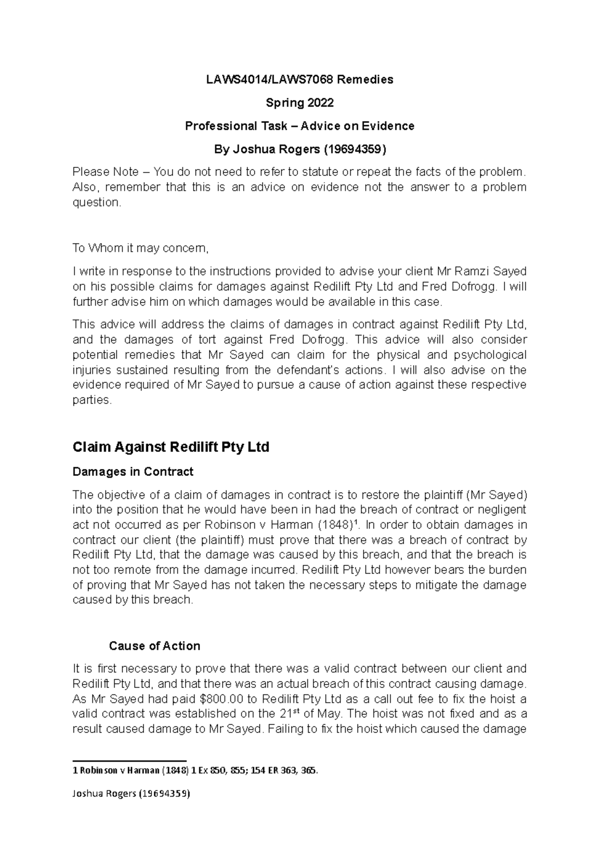 Remedies Legal Advice Assessment - LAWS4014/LAWS7068 Remedies Spring ...