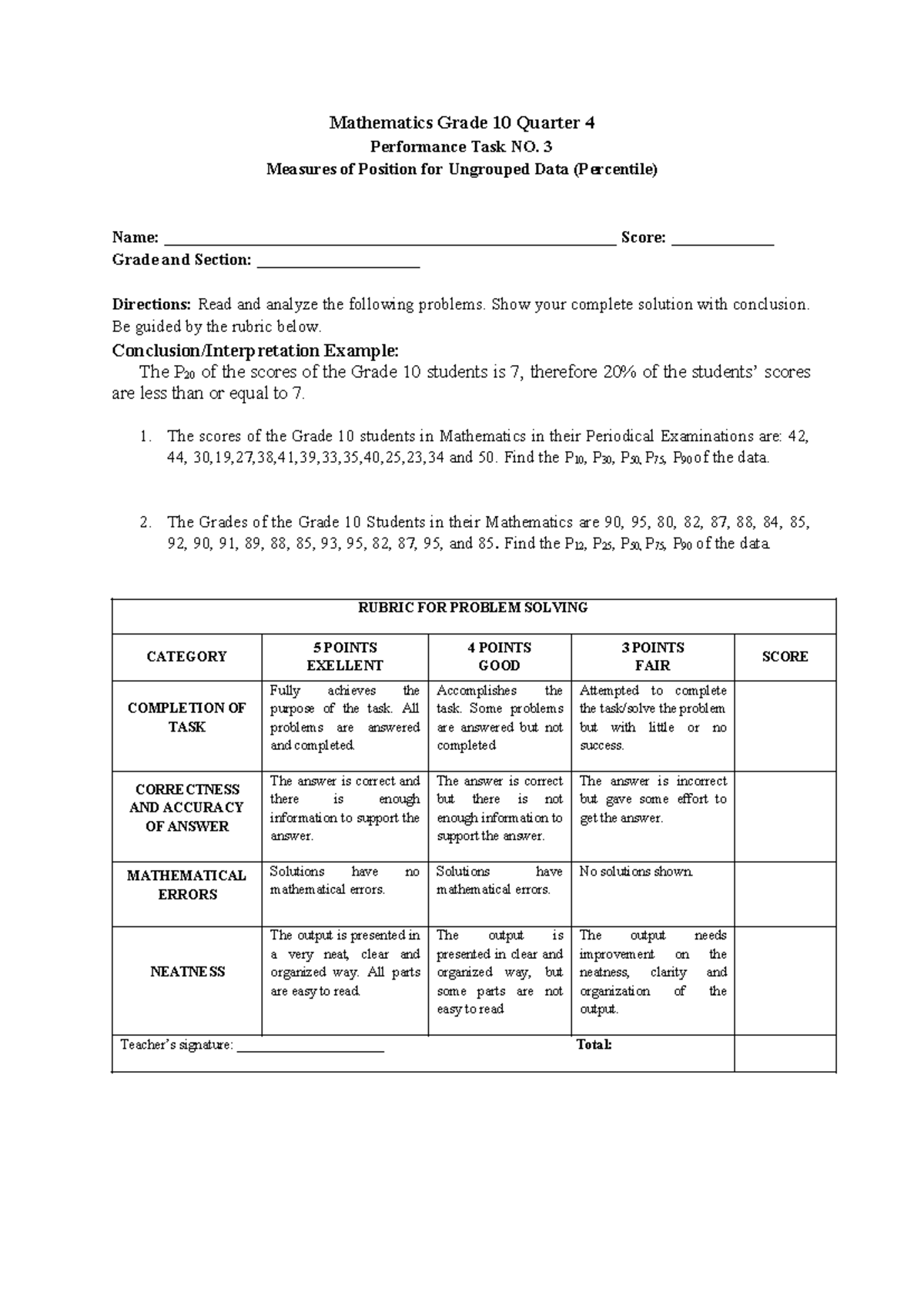 G10 Performance Task No Mathematics Grade 10 Quarter 4 Performance Task No 3 Measures Of 