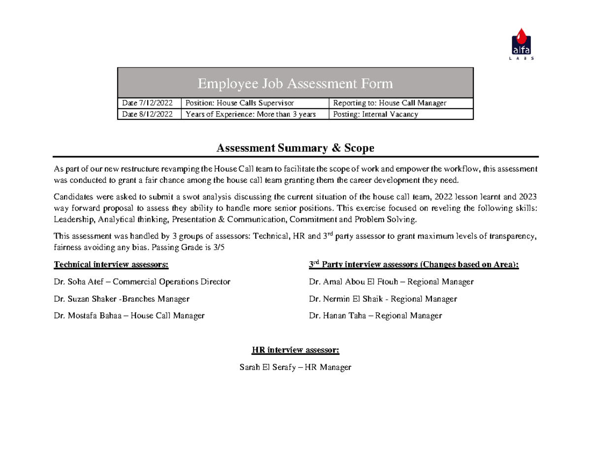 House Call Team Job Assessment Form-1v1 - Copy - Employee Job ...