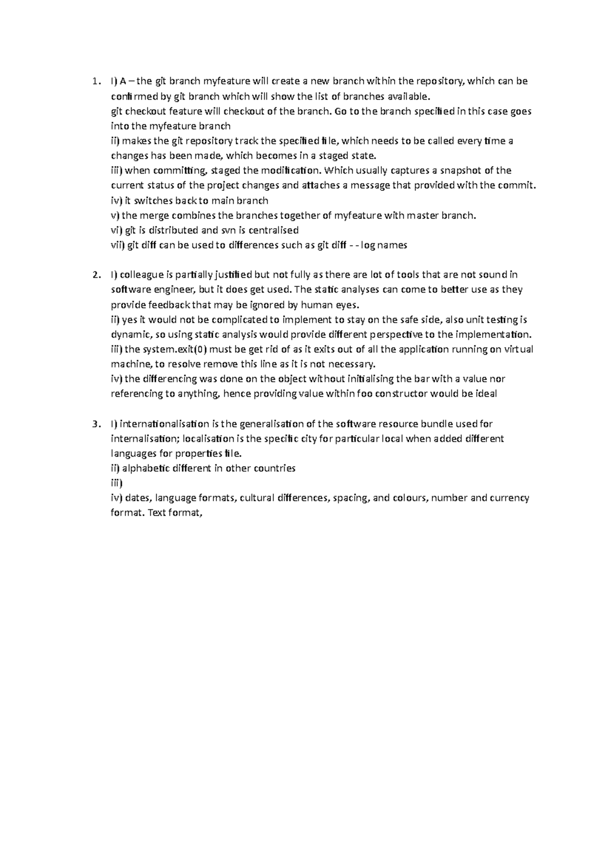 Mock answers for software engineering practice - I) A – the git branch ...