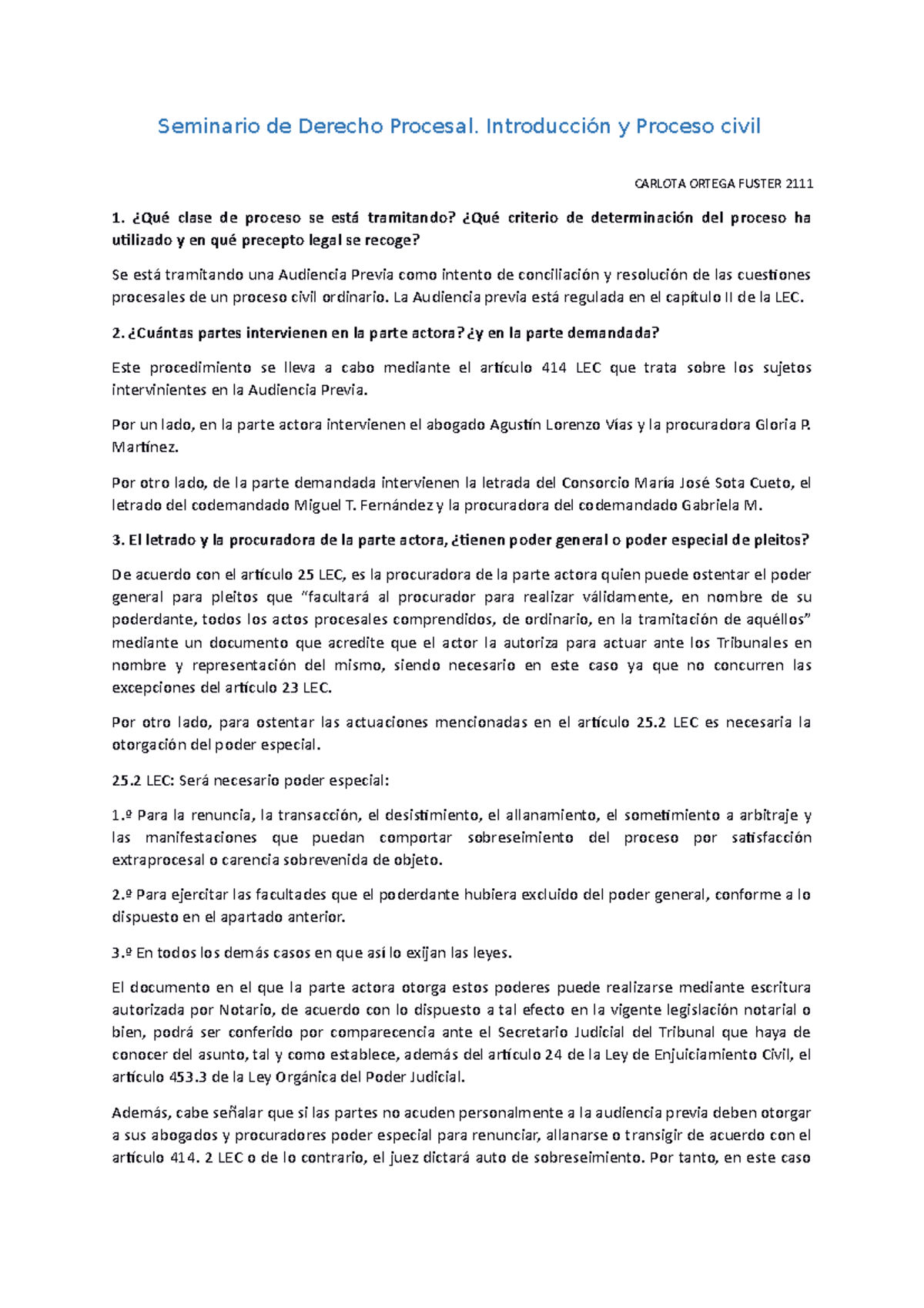 AP Procesal - ejercicio - Seminario de Derecho Procesal. Introducción y Proceso civil CARLOTA ...