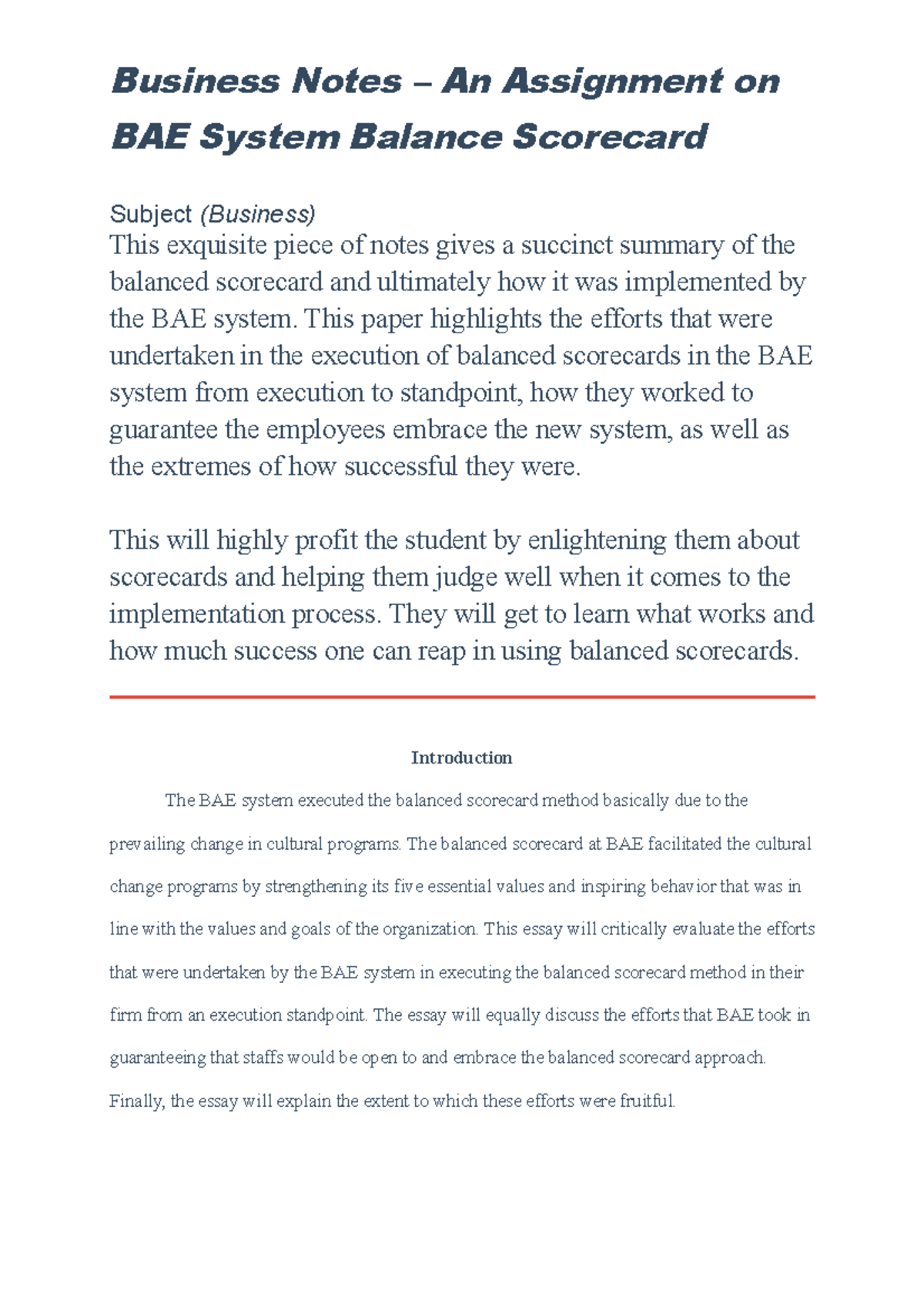 BAE System Balance Scorecard - Business Notes – An Assignment on BAE ...