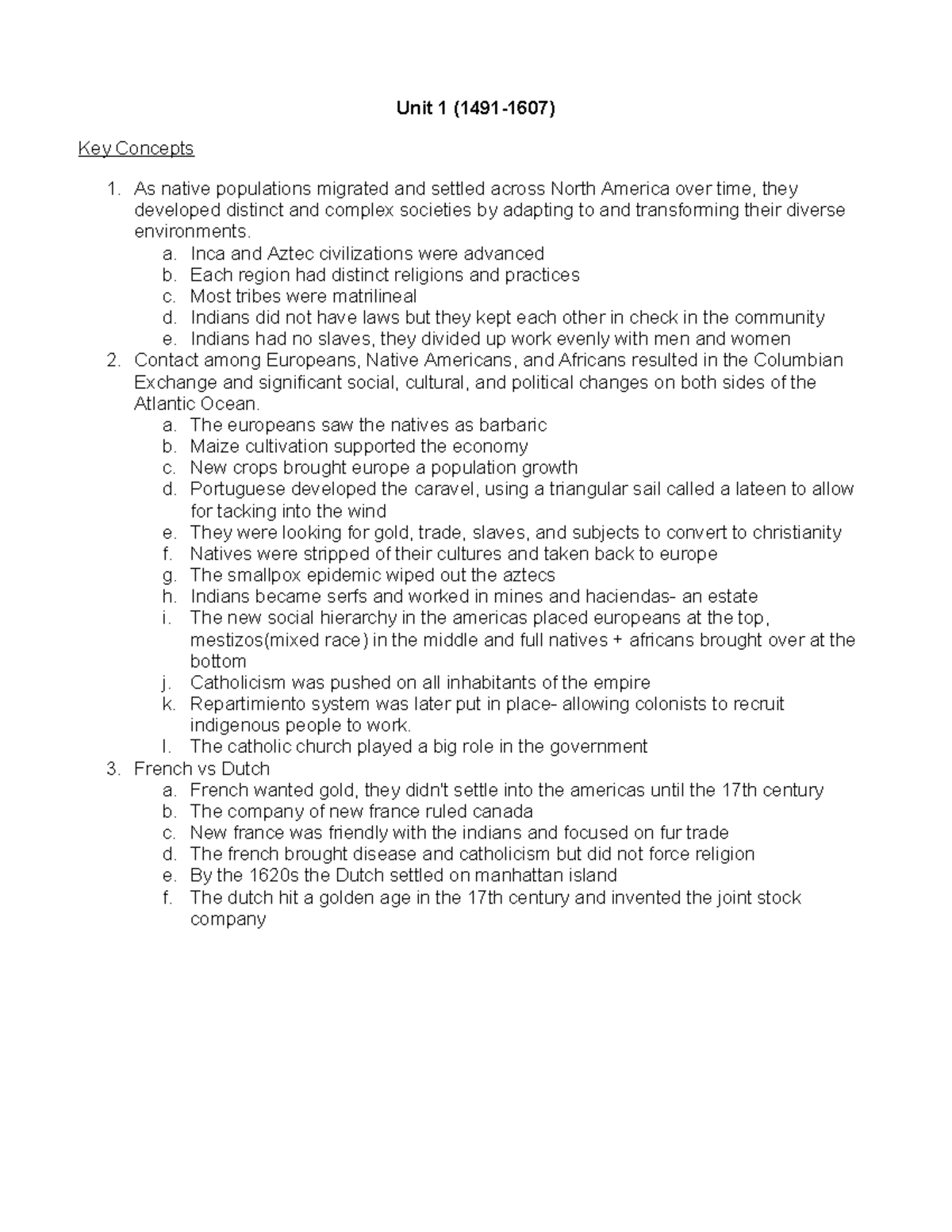 Units 1-6 Study Guide (One Pagers) - Unit 1 (1491-1607) Key Concepts 1 ...