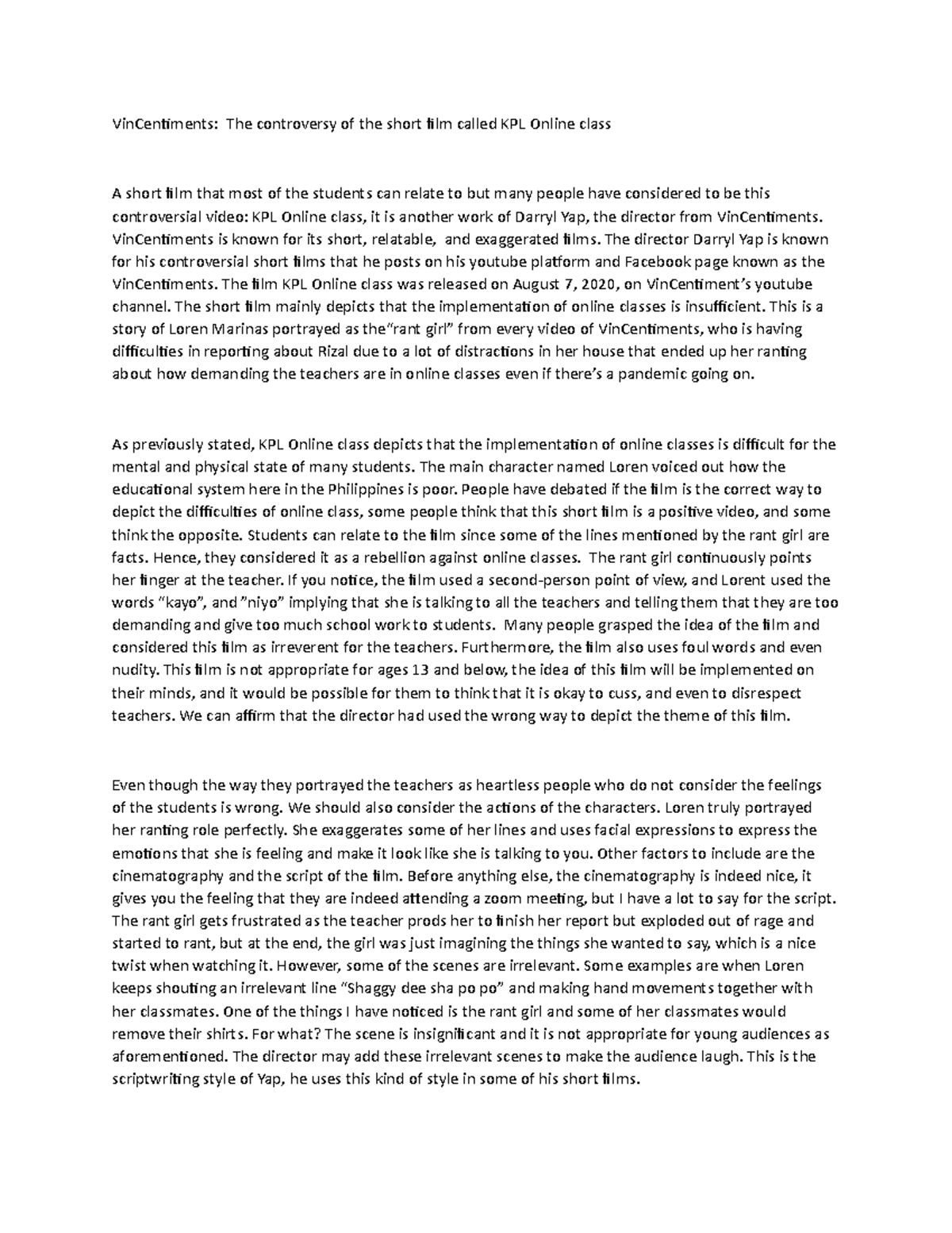 Task - Critique Essay about a film of vincentiments - VinCentiments ...