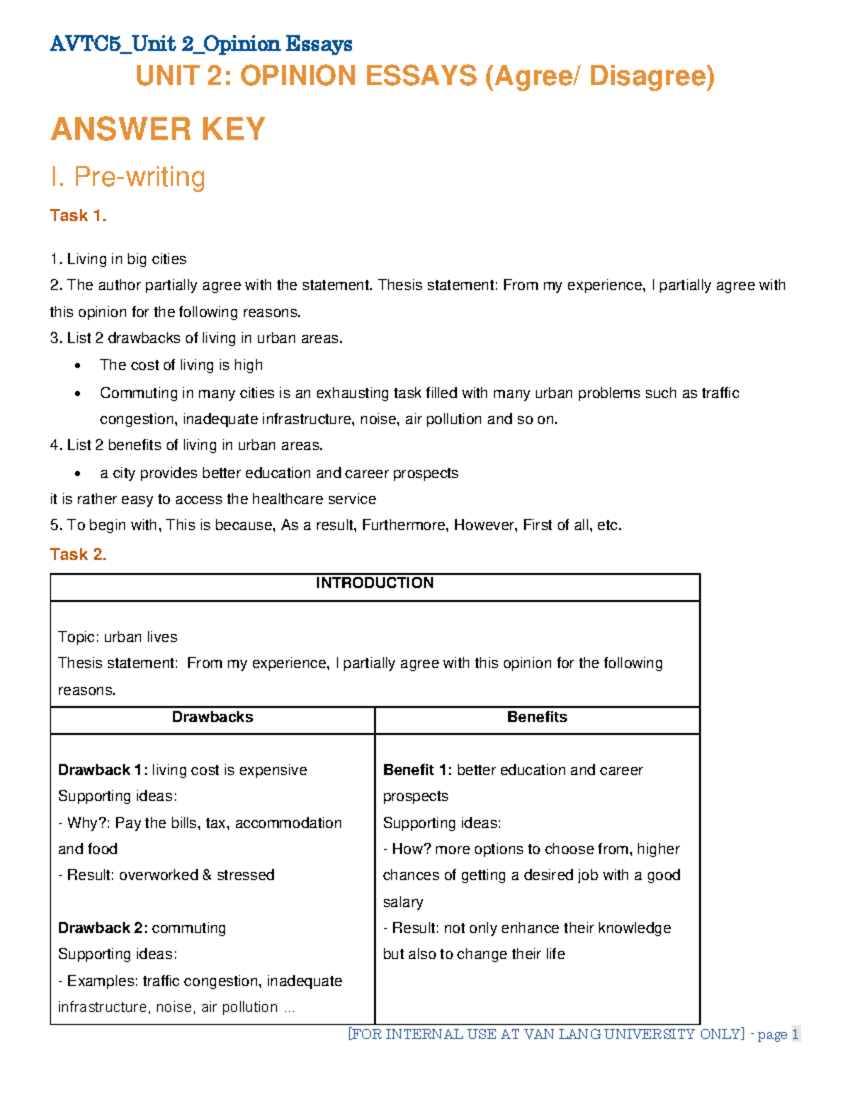 [Official] AVTC5 - Unit 2 - Answer KEY - UNIT 2 : OPINION ESSAYS (Agree ...