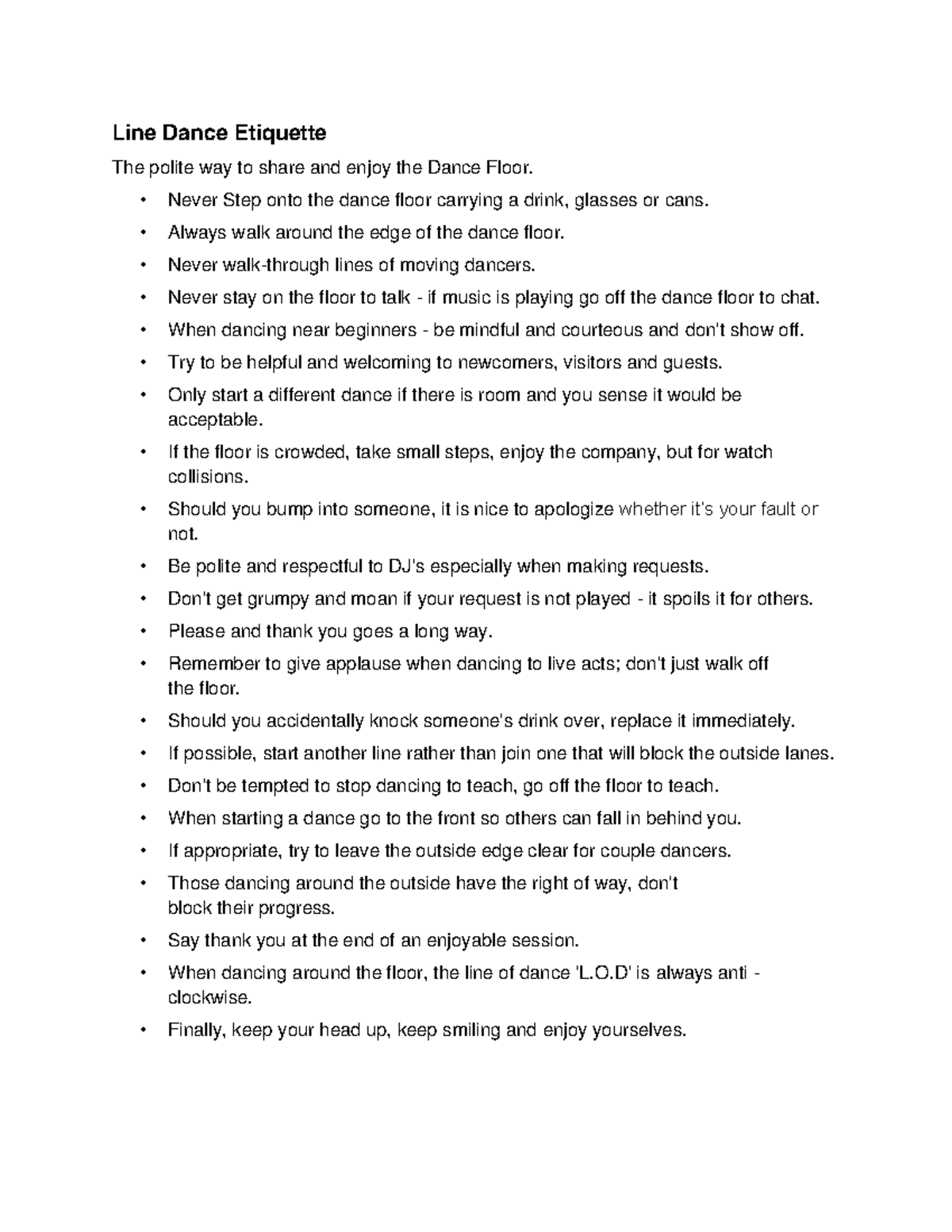 Line Dance Etiquette - let'ssss goo!!! - Line Dance Etiquette The ...