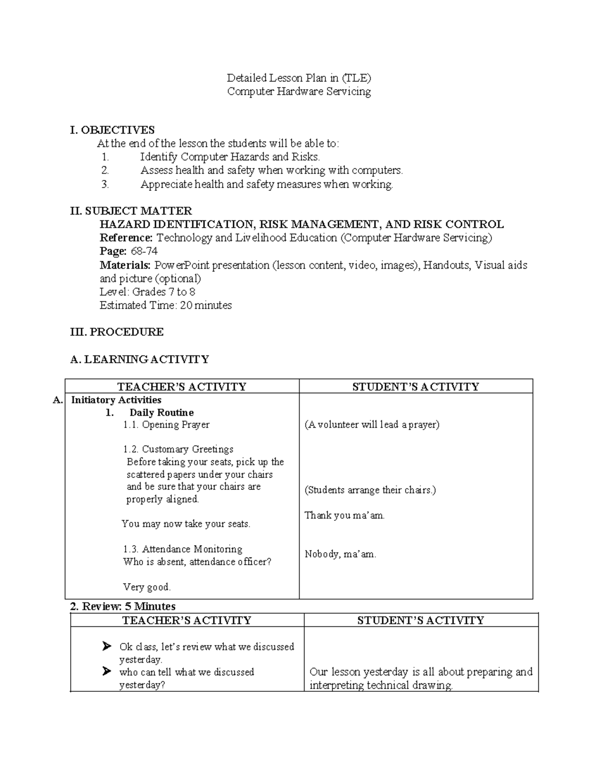 Dokumen - Detailed Lesson Plan in (TLE) Computer Hardware Servicing I ...