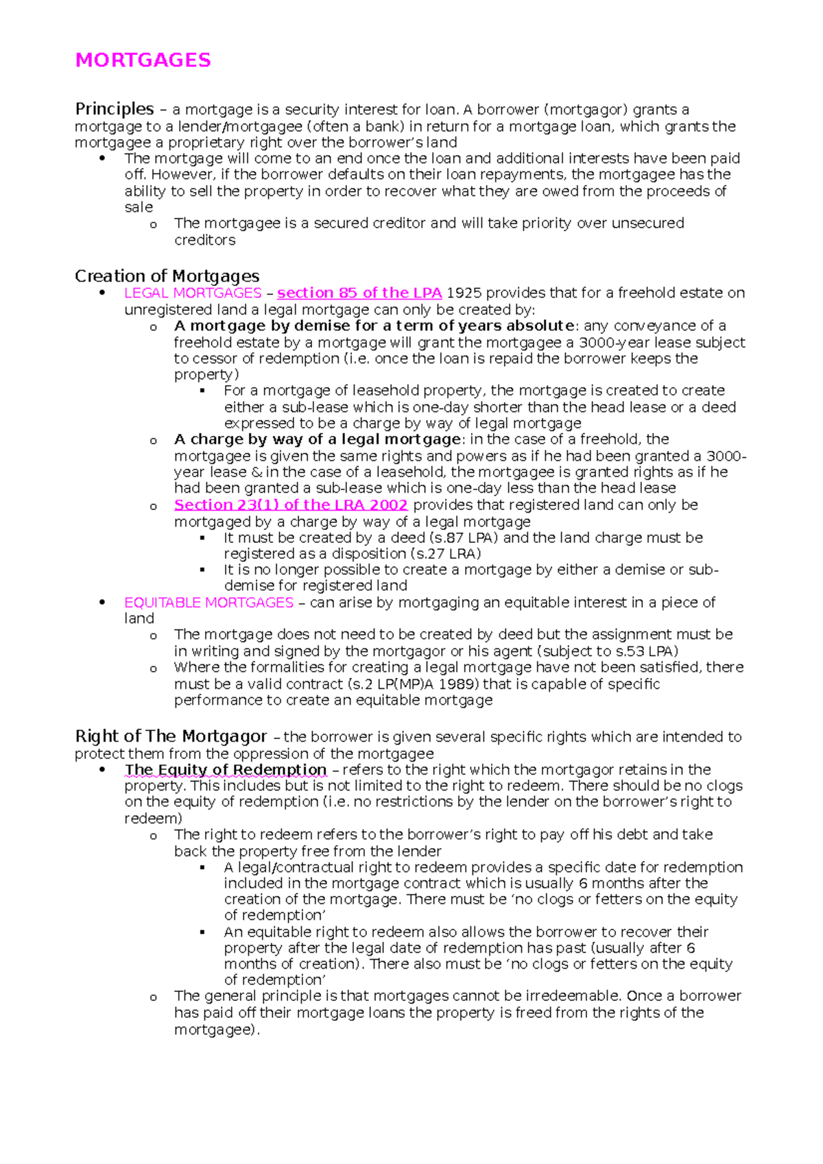 Mortgages - Lecture notes 4 - Principles – a mortgage is a security ...