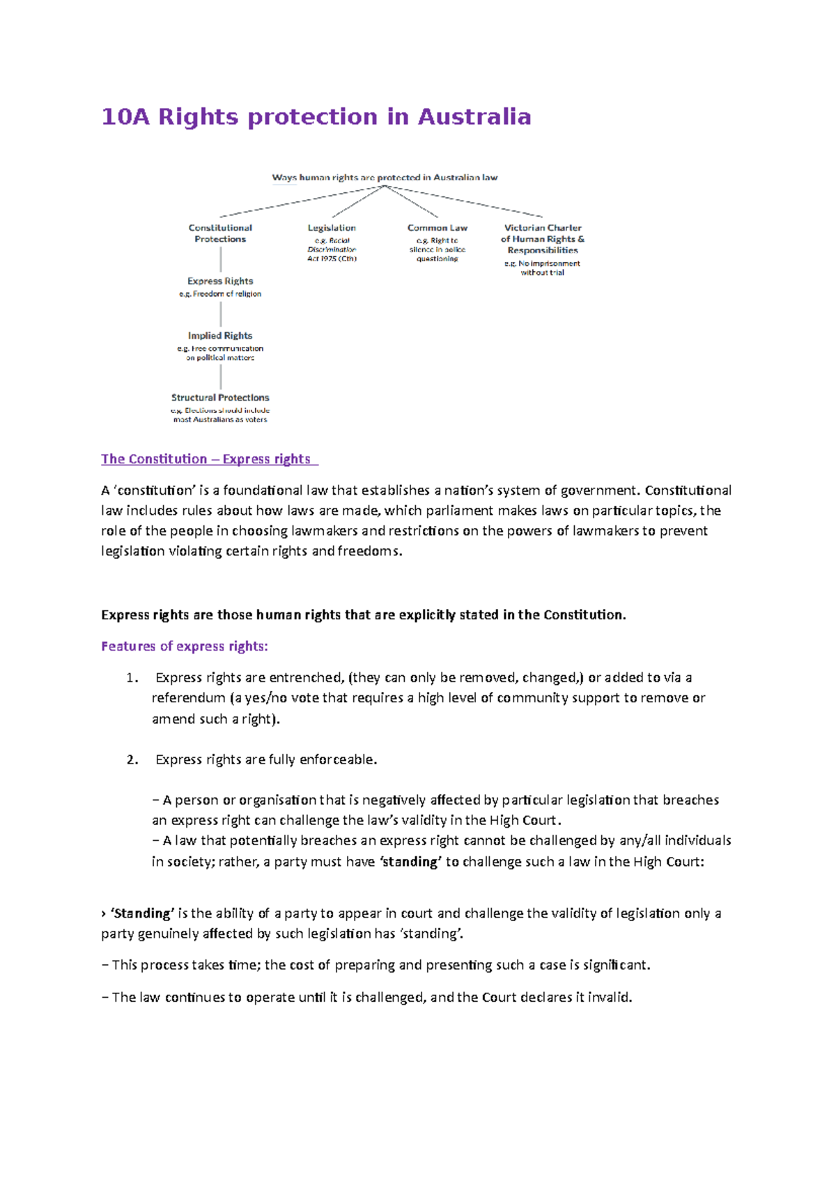 Legal studies U2aos3 - 10A Rights protection in Australia The ...