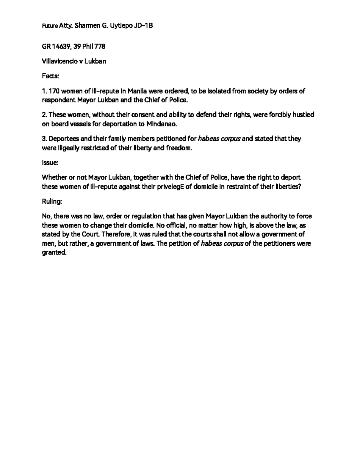 Uytiepo-Villavicencio v Lukban Case Digest - Future Atty. Sharmen G ...