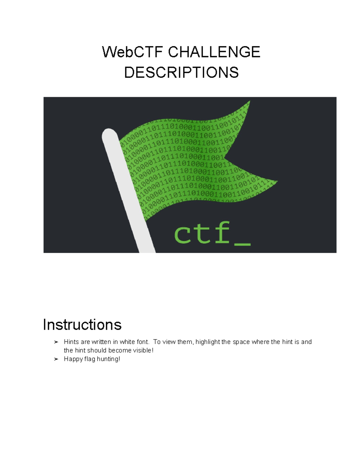 Web CTF Challenge Descriptions (3)-1 - WebCTF CHALLENGE DESCRIPTIONS Instructions Hints are ...