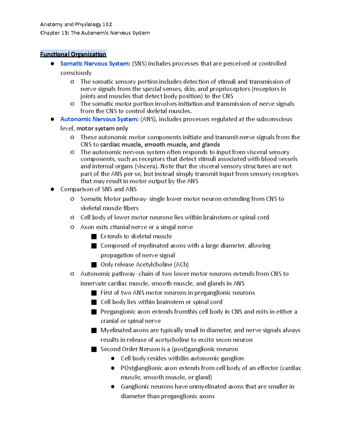 Anatomy and Physiology 102 Chapter 15 Notes Winter 23 - Anatomy and ...