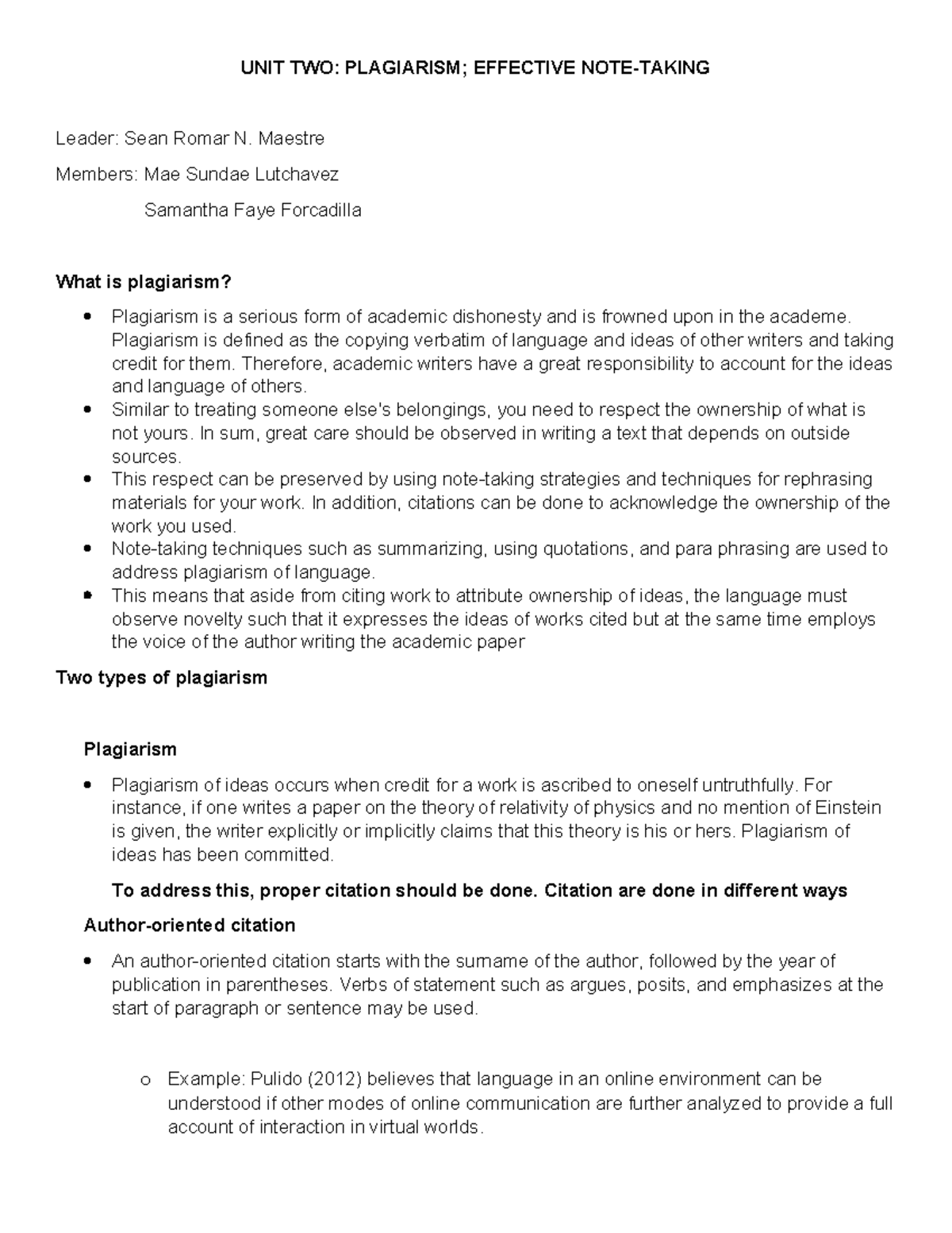 UNIT-TWO - English - UNIT TWO: PLAGIARISM; EFFECTIVE NOTE-TAKING Leader ...