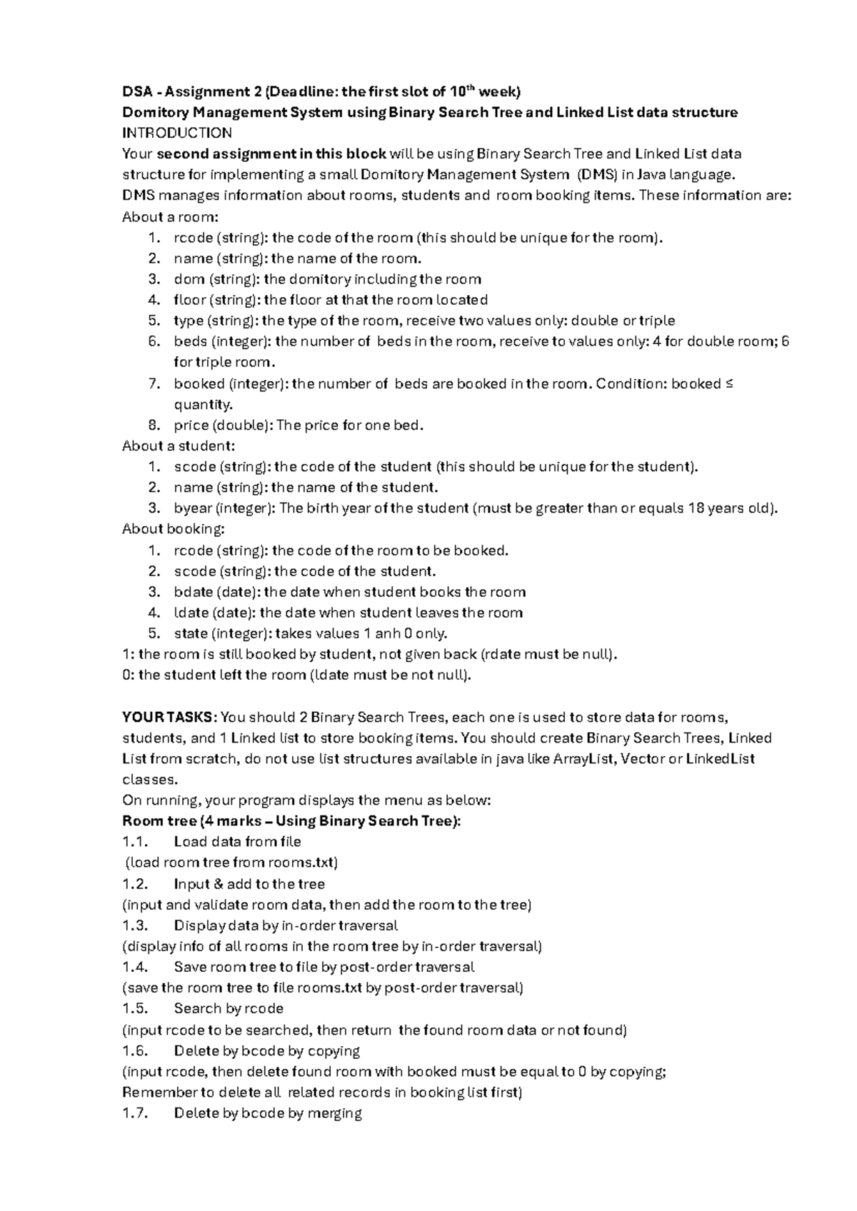 G04 Domitory management - DSA - Assignment 2 (Deadline: the first slot ...