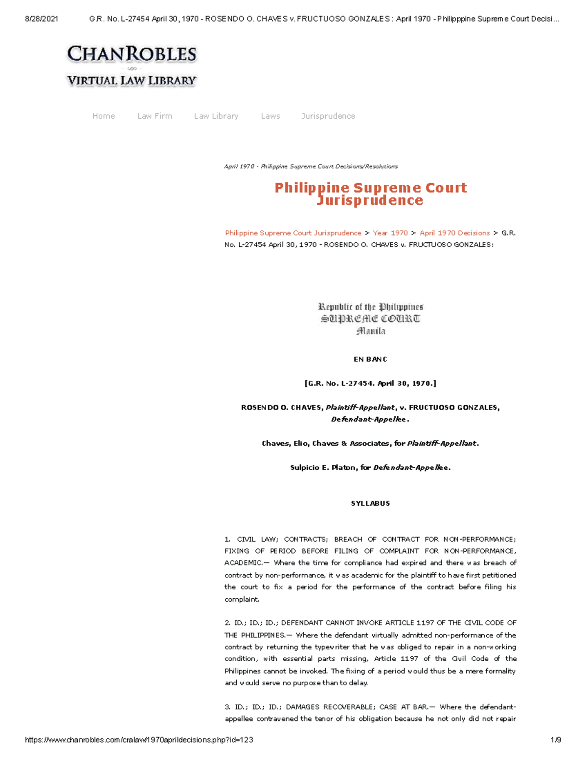 G.R. No. L-27454 April 30, 1970 - Rosendo O. Chaves v. Fructuoso ...