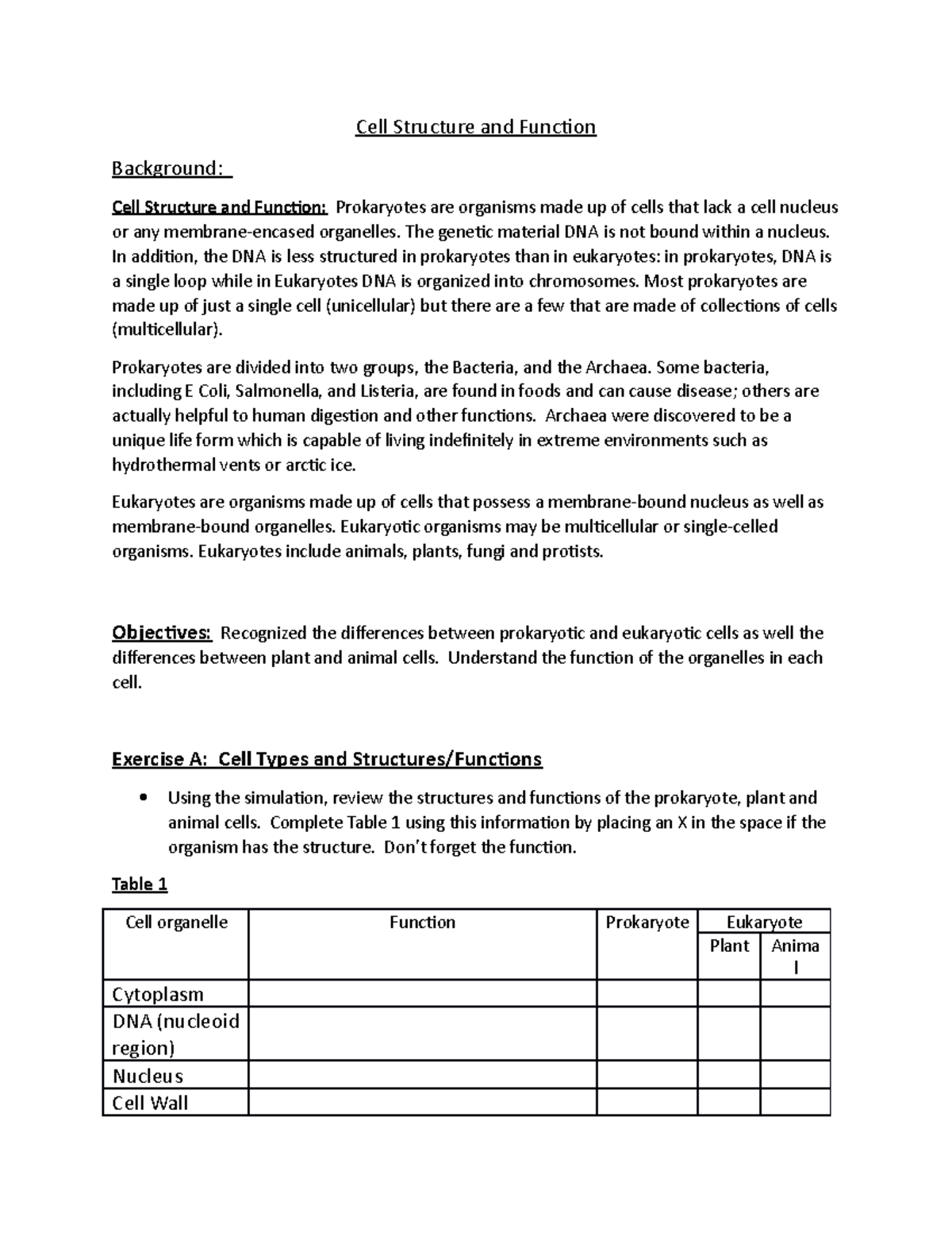 Cell Structure and Function Lab - Cell Structure and Function ...