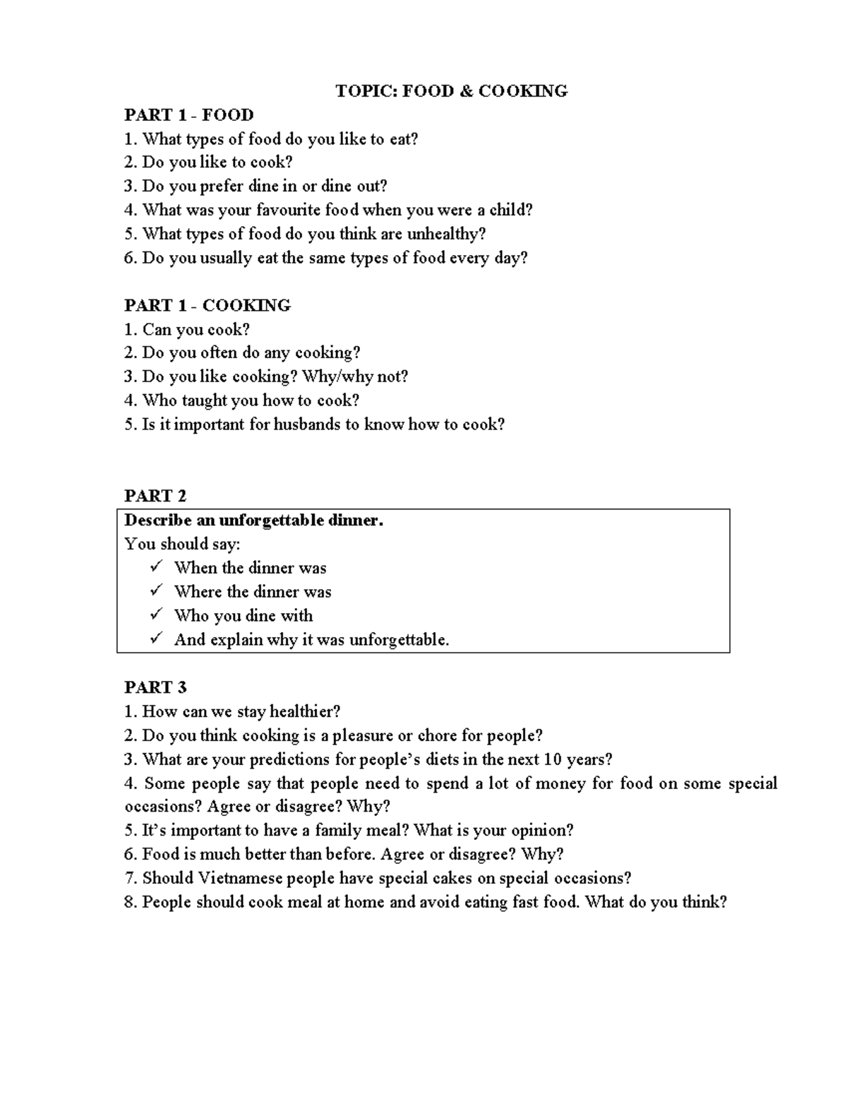 Topic Food Cooking - TOPIC: FOOD & COOKING PART 1 - FOOD What types of ...