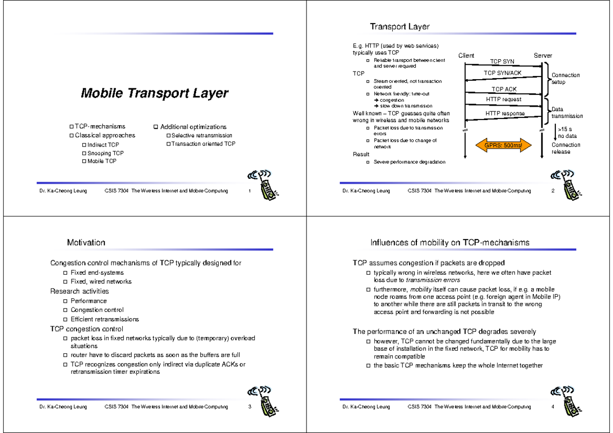 Lecture 7 Mobile Transport Layer Dr Ka Cheong Leung Csis 7304 The Wireless Internet And 