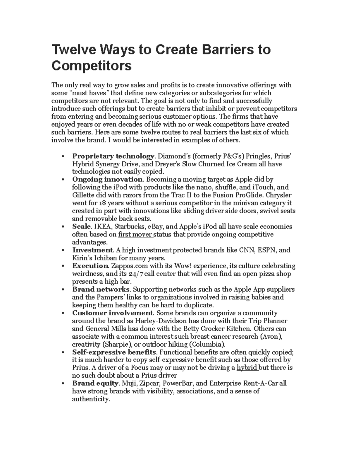 Twelve Ways to Create Barriers to Competitors - Twelve Ways to Create ...