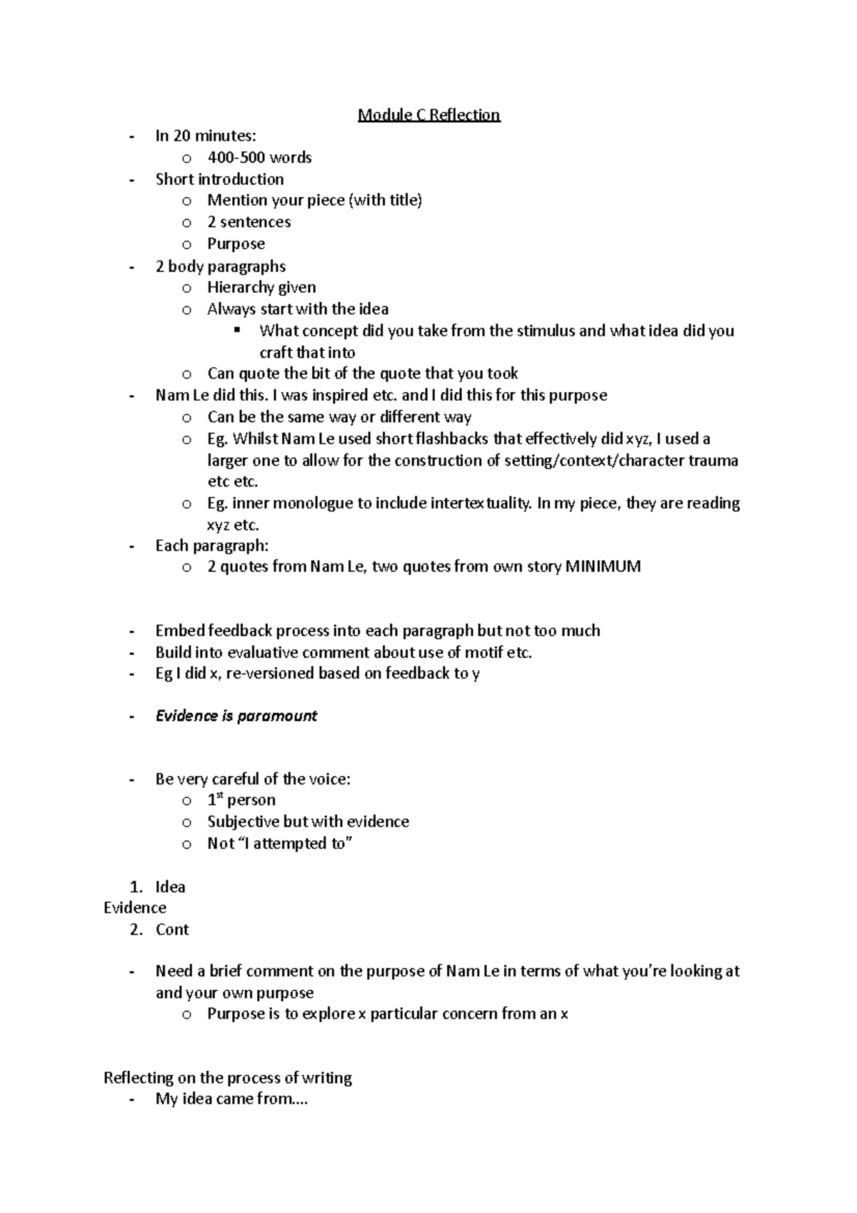 Module C Reflection tips - Module C Reflection In 20 minutes: o 400-500 ...