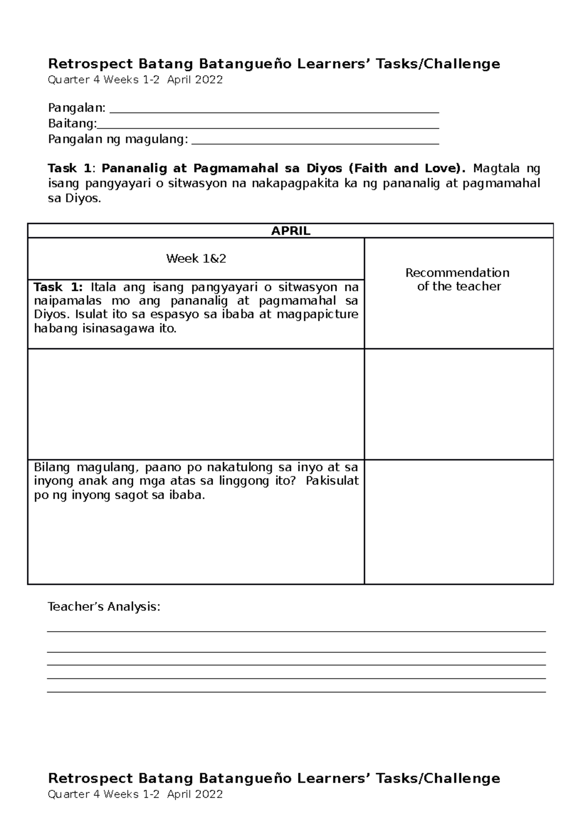 RBB-Challenge - rbb - Retrospect Batang Batangueño Learners’ Tasks/Challenge Quarter 4 Weeks 1-2 ...