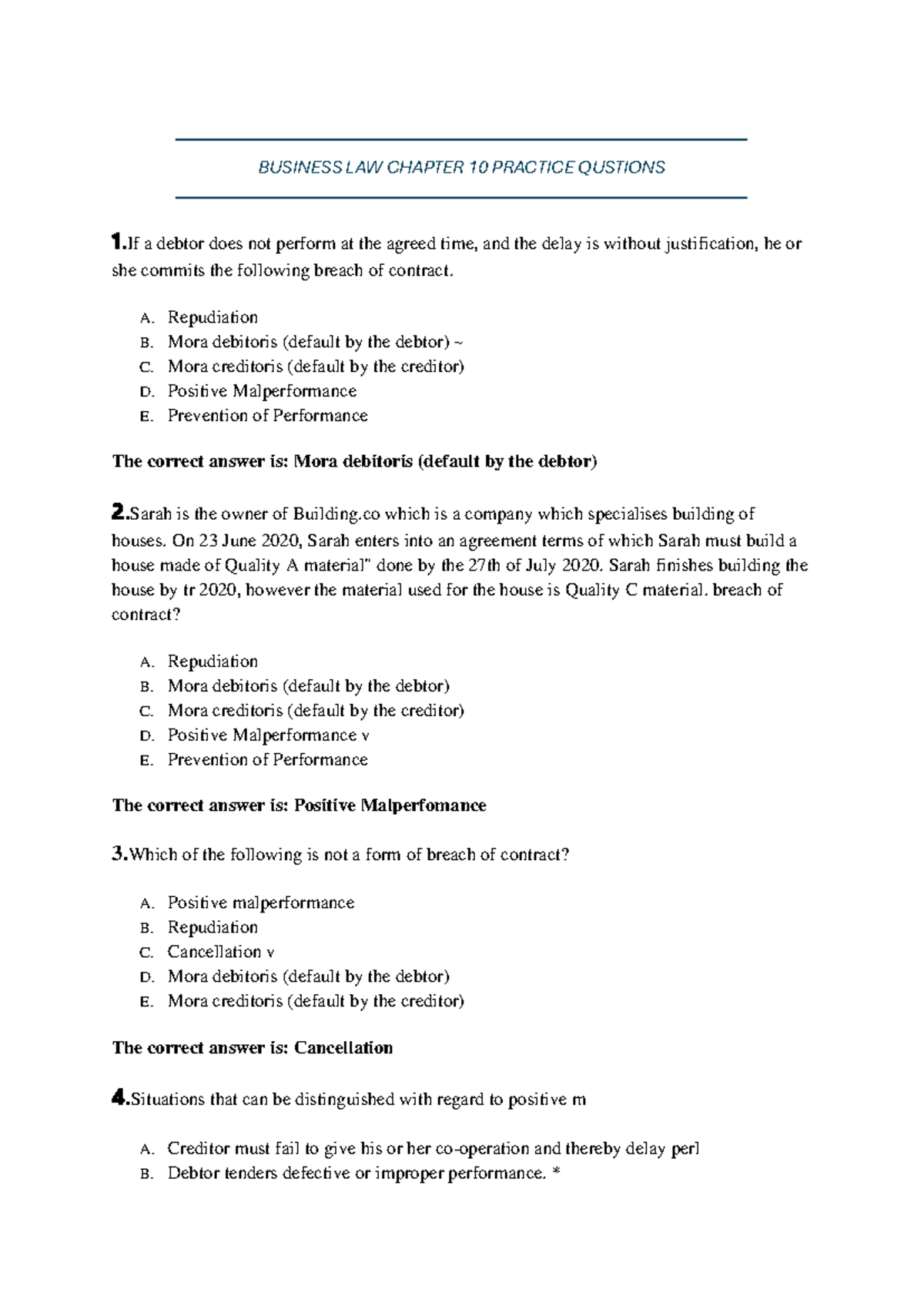BUL Chapter 10 Practice Questions - BUSINESS LAW CHAPTER 10 PRACTICE ...