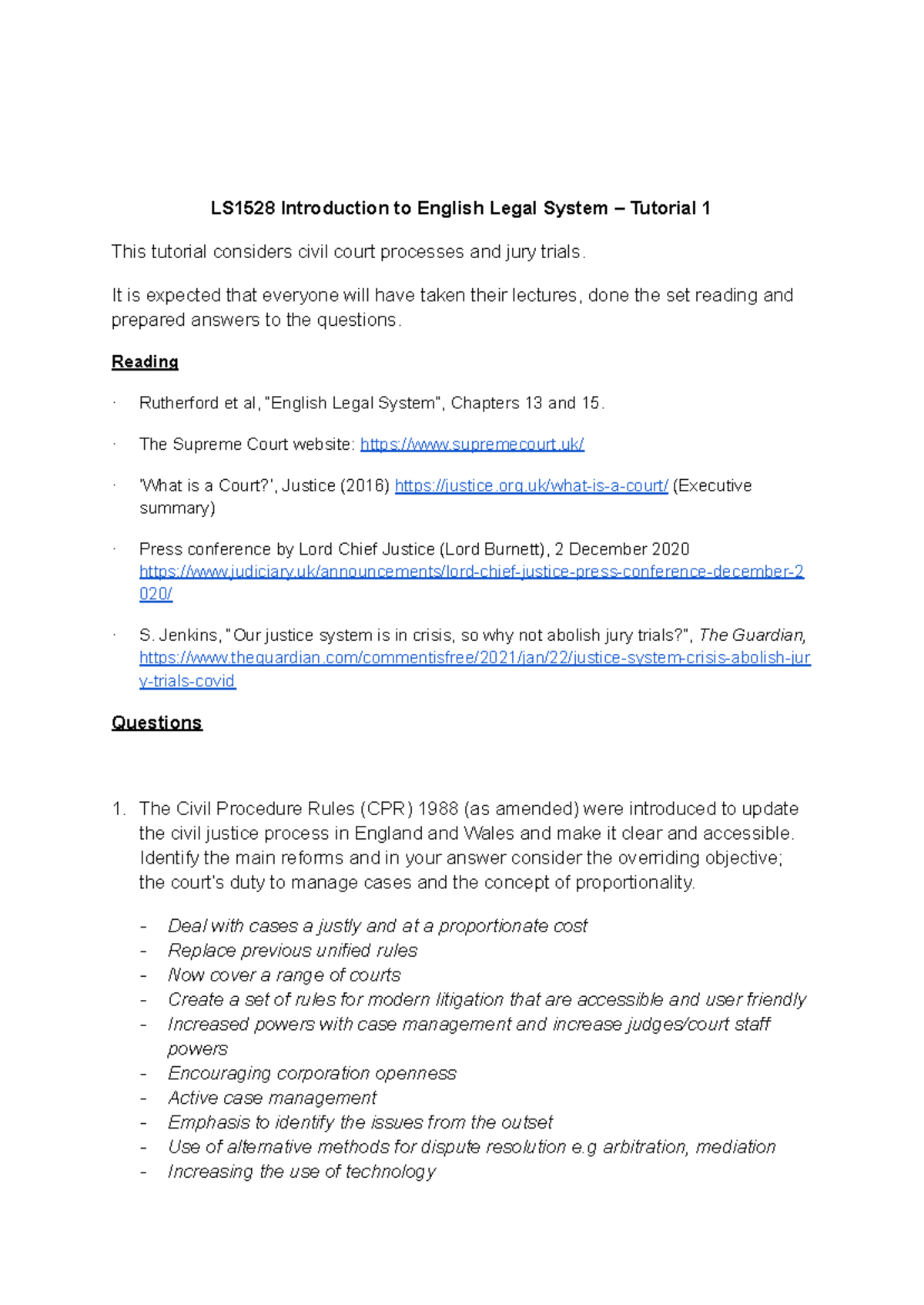 English Legal Tutorial one - LS1528 Introduction to English Legal ...