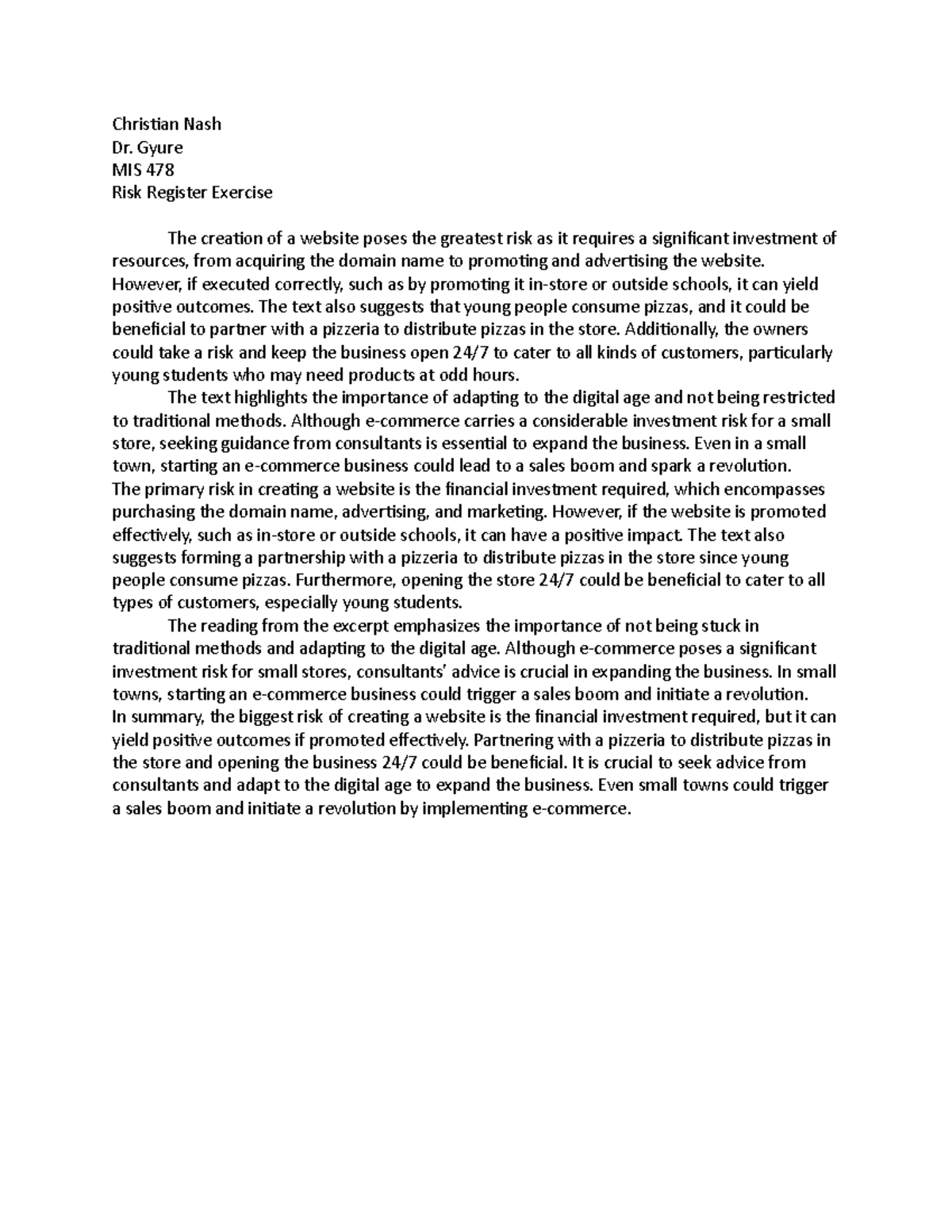 MIS478-Spring 2023- Nash-Christian-Risk Register - Christian Nash Dr ...